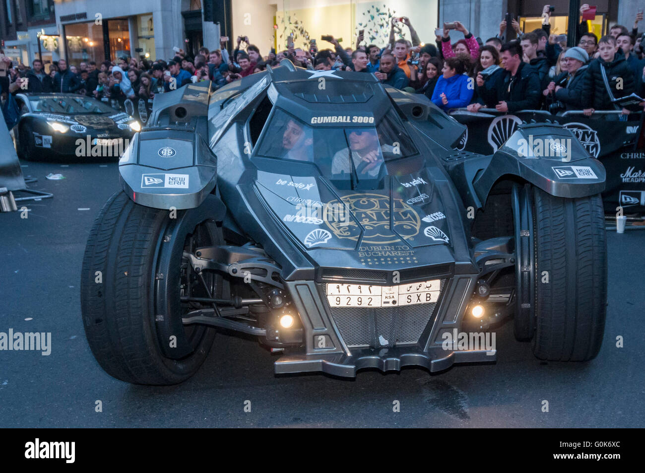 London, UK. 2 May 2016. Supercars in the Gumball 3000 race arrive in ...