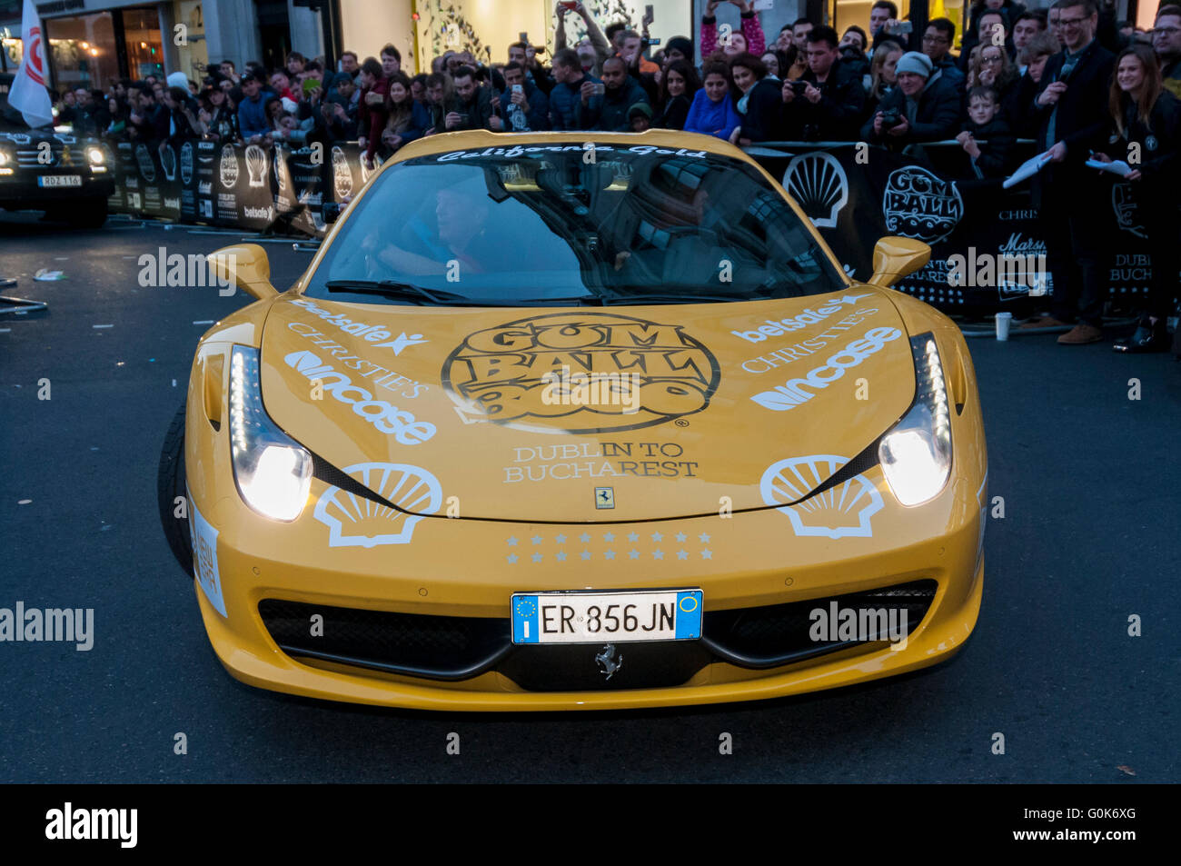 London, UK. 2 May 2016. Supercars in the Gumball 3000 race arrive in ...