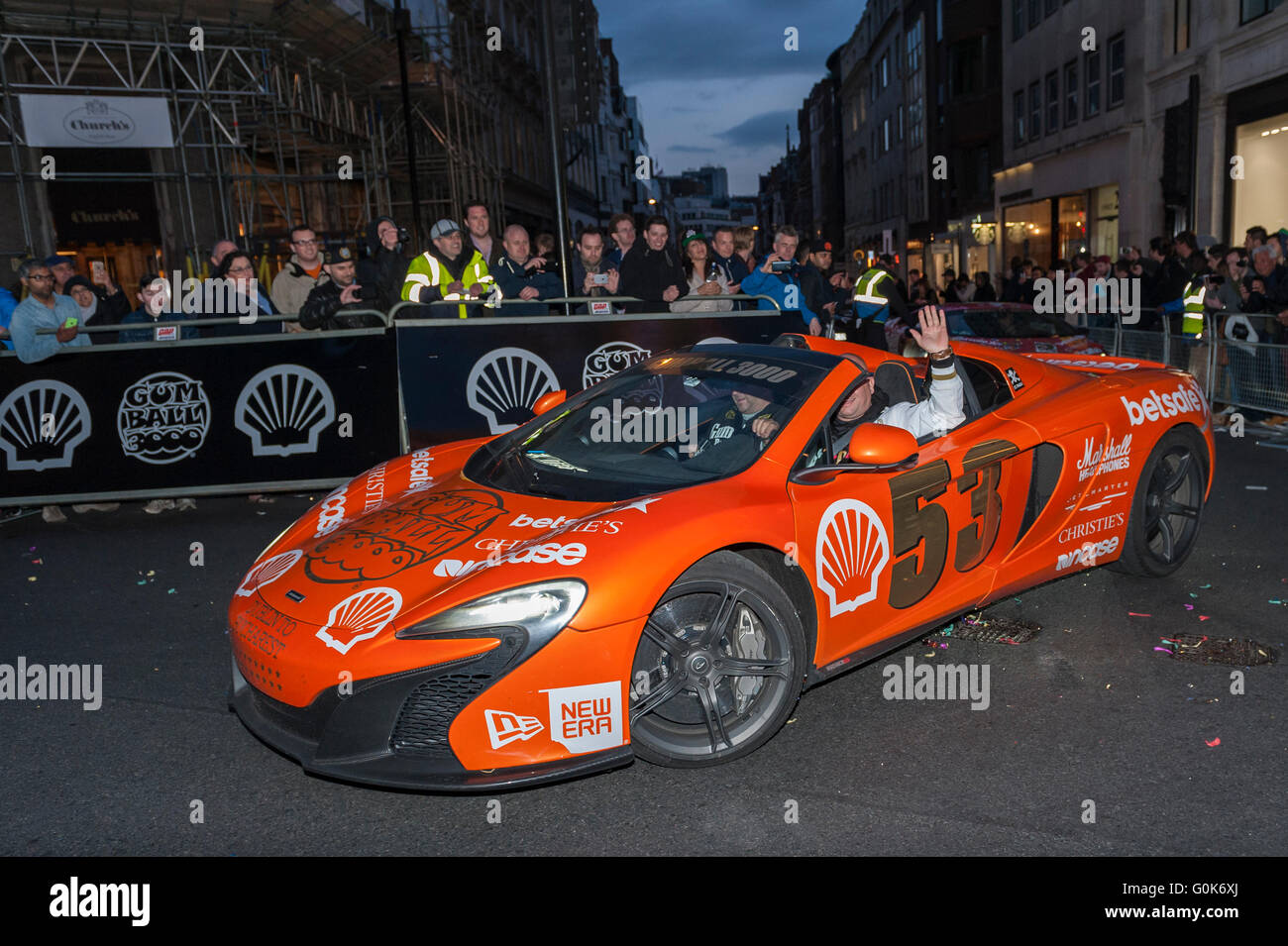 London, UK. 2 May 2016. Supercars in the Gumball 3000 race arrive in ...