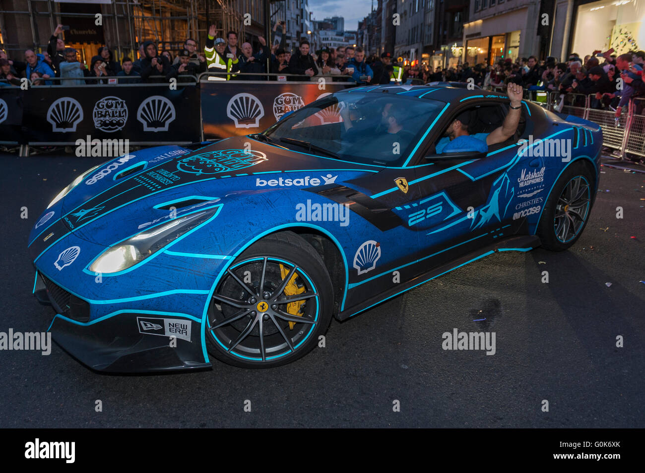 London, UK. 2 May 2016. Supercars in the Gumball 3000 race arrive in ...