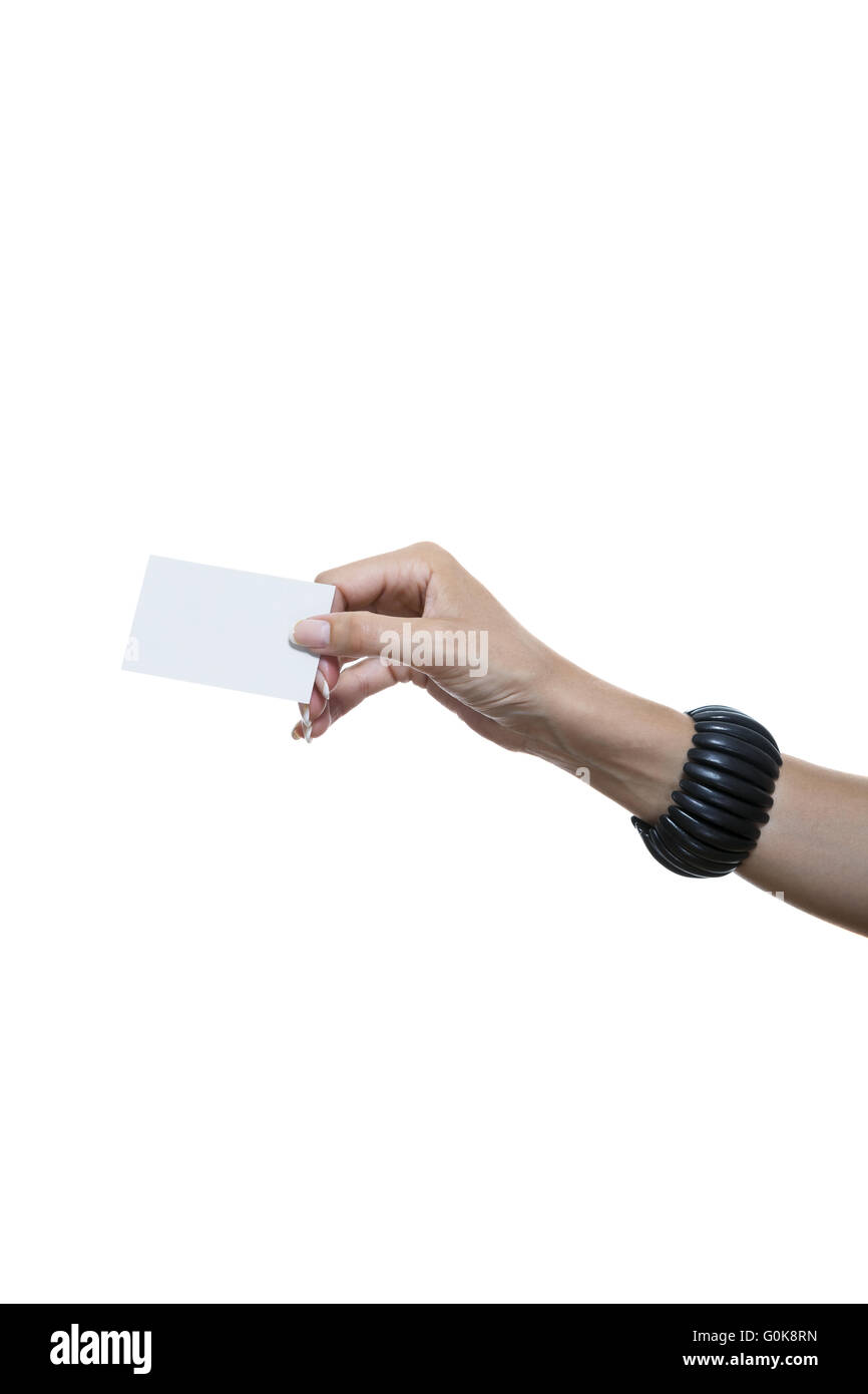 Smiling Woman in Dress Holding her Name Tag Stock Photo - Alamy
