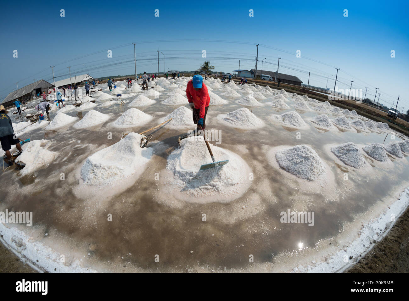 Farmer makes salt piles to be harvested Stock Photo - Alamy