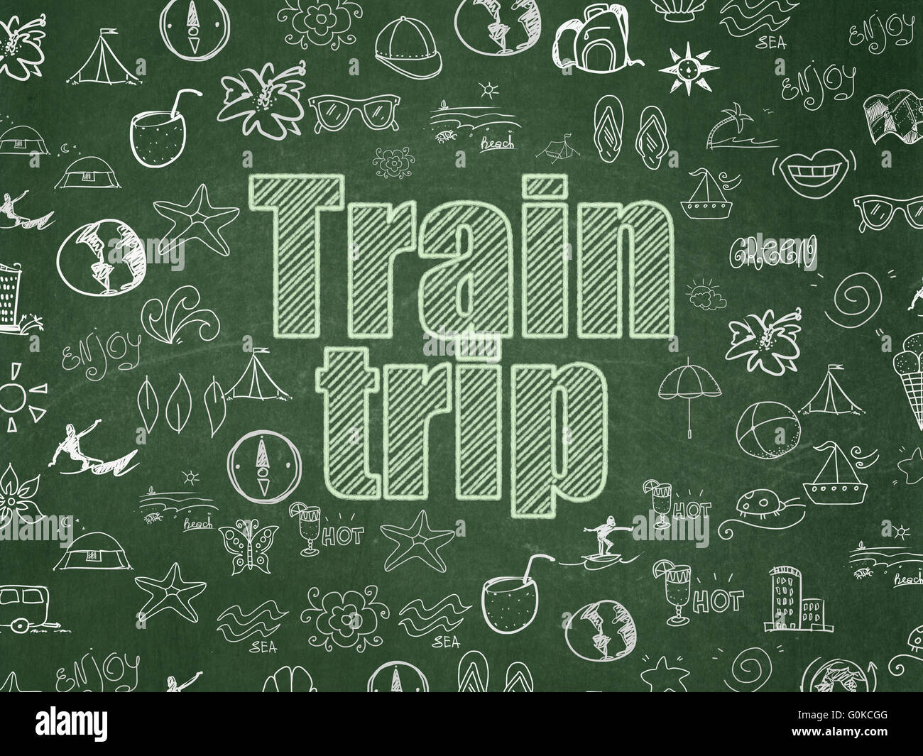 Tourism concept: Train Trip on School board background Stock Photo - Alamy