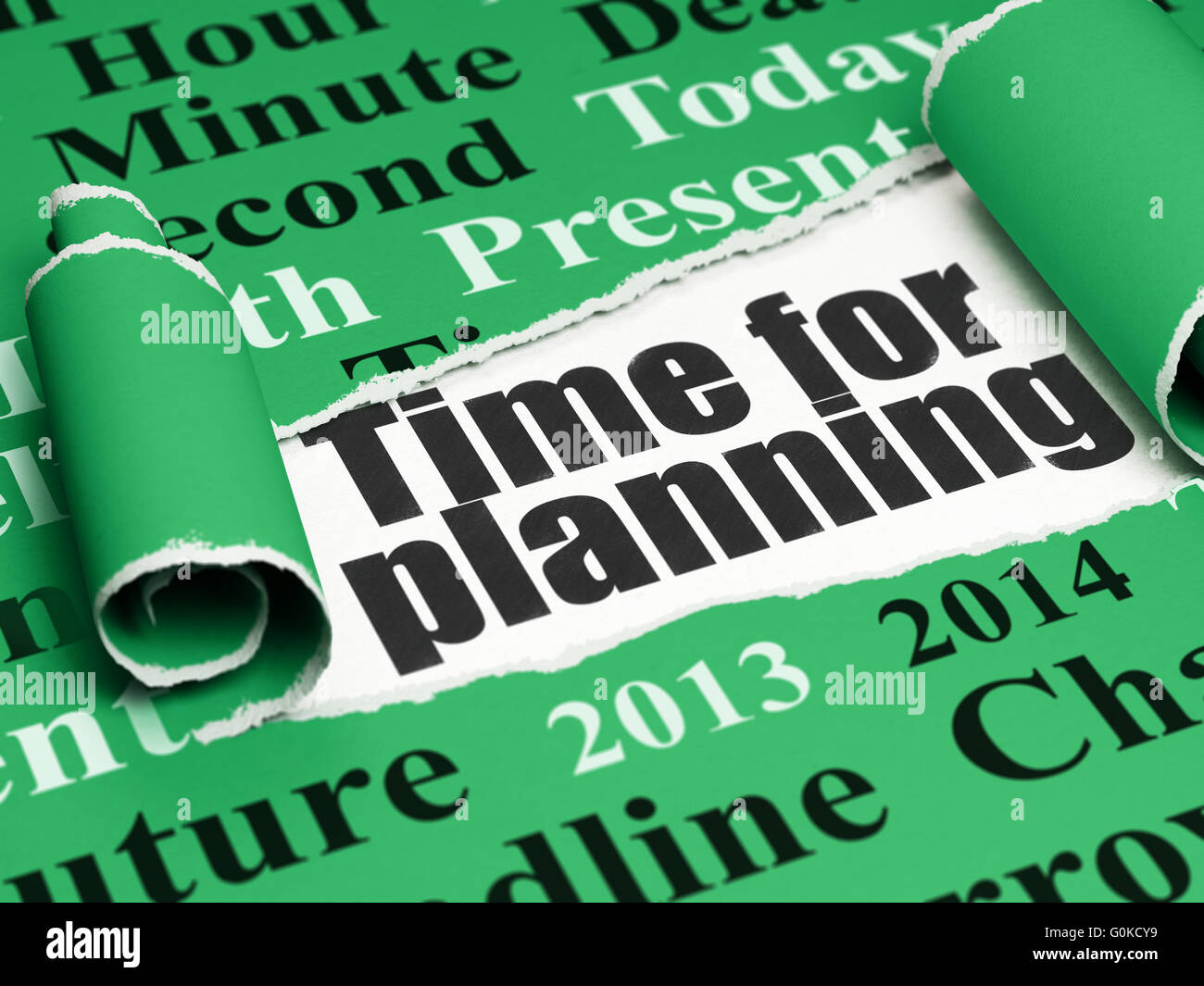 Timeline concept: black text Time for Planning under the piece of torn ...