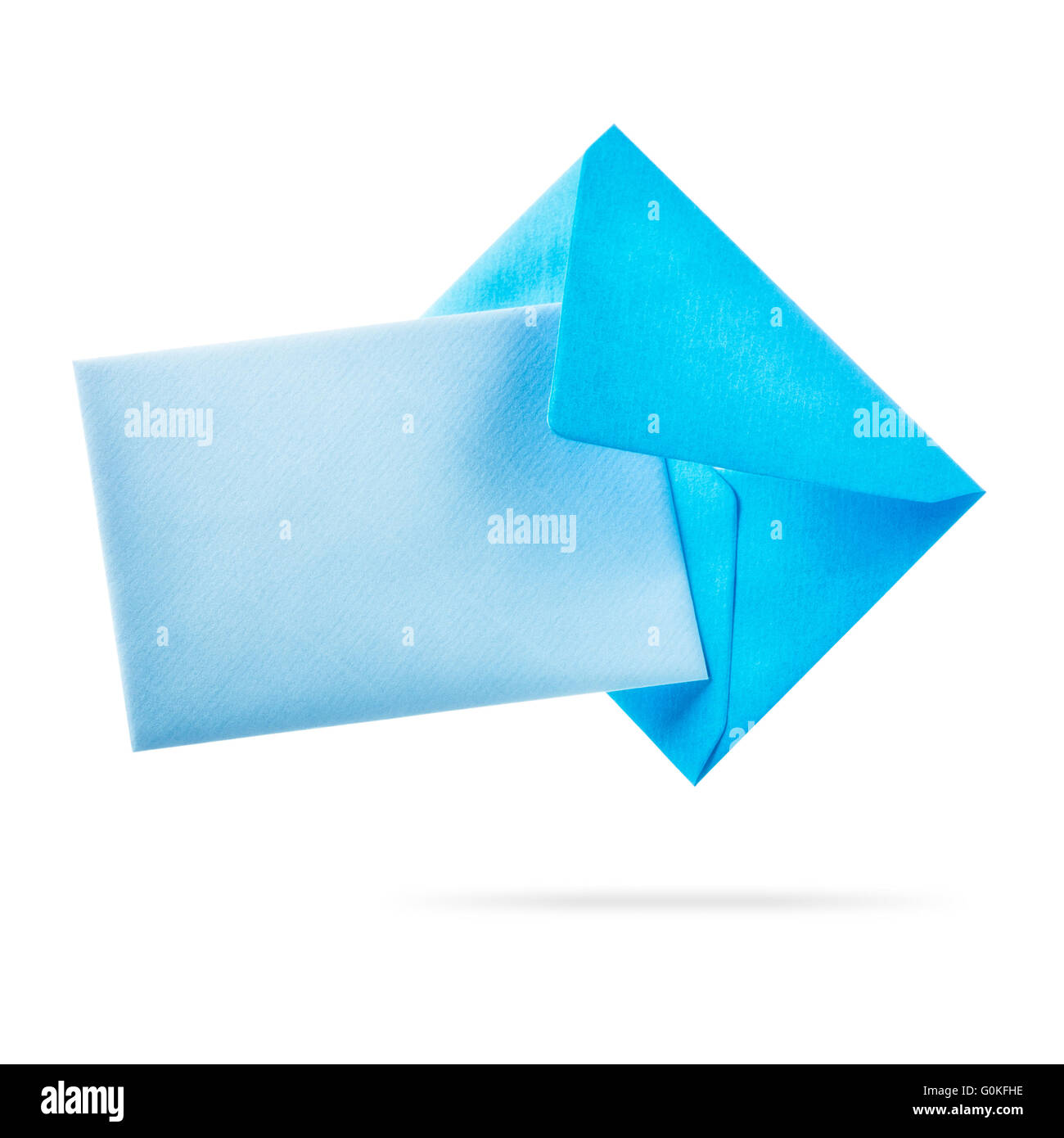 Blue envelope with card flying. Group of objects isolated on white background clipping path ...