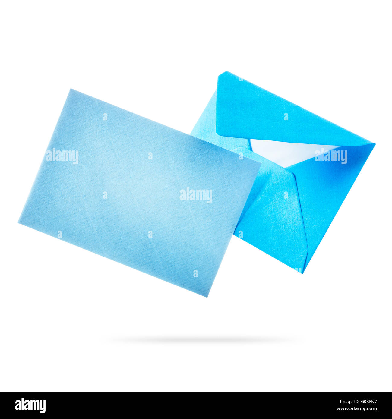 Blue envelope with card flying. Group of objects isolated on white ...