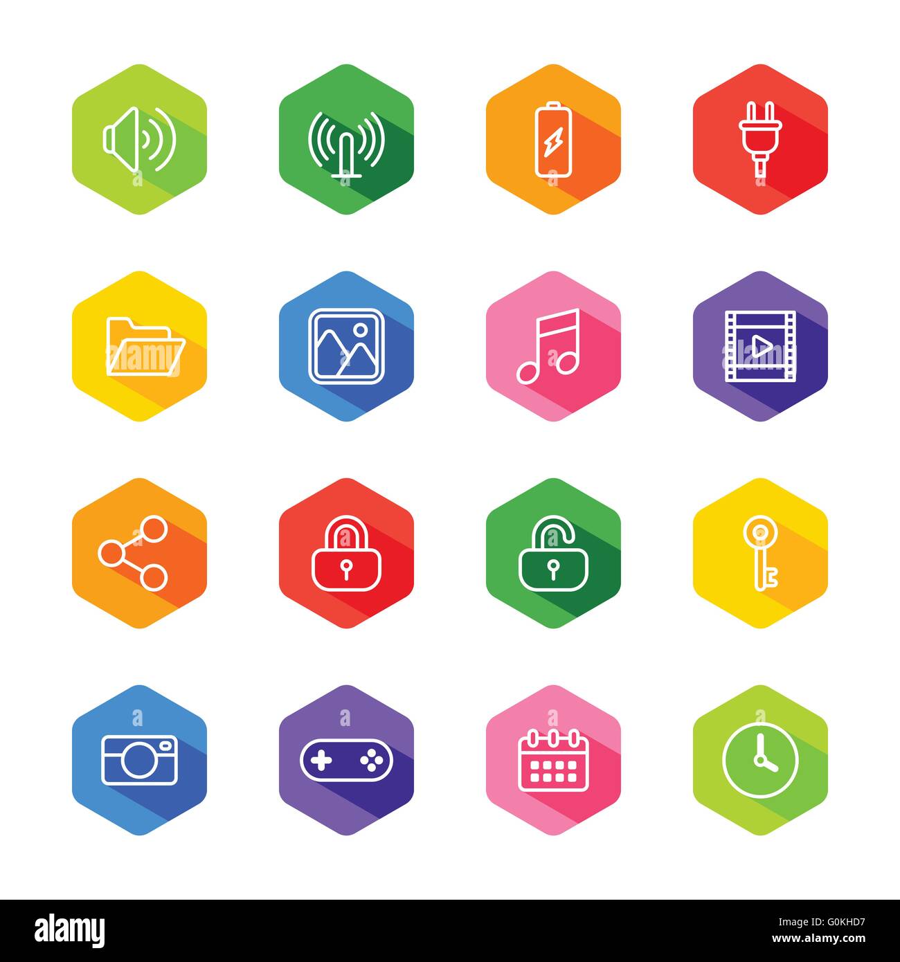 [EPS10] white line web icon set on colorful hexagon with shadow for web, UI, infographic and ...