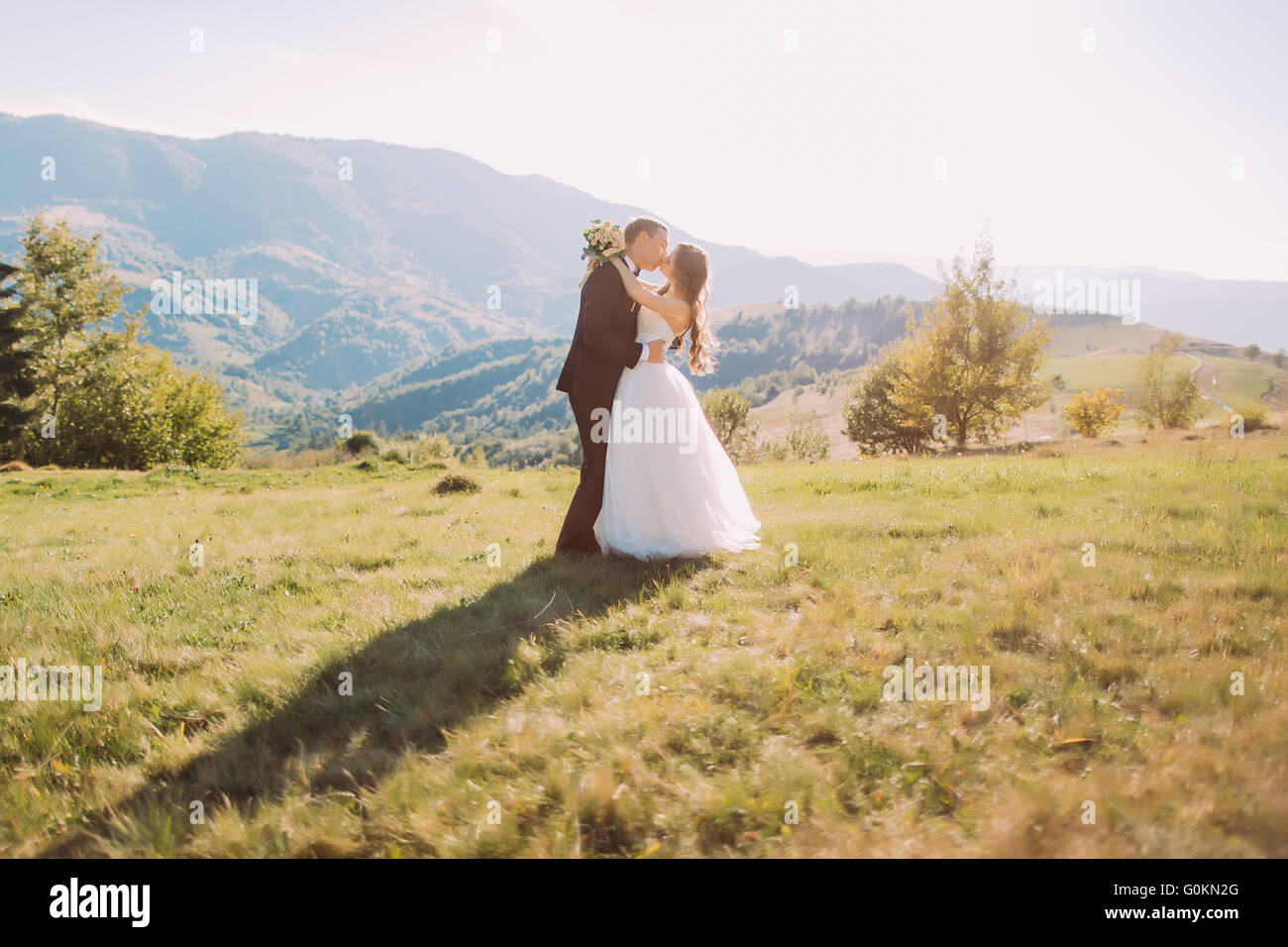 Beautiful bride and groom kissing on the meadow with mountain ...