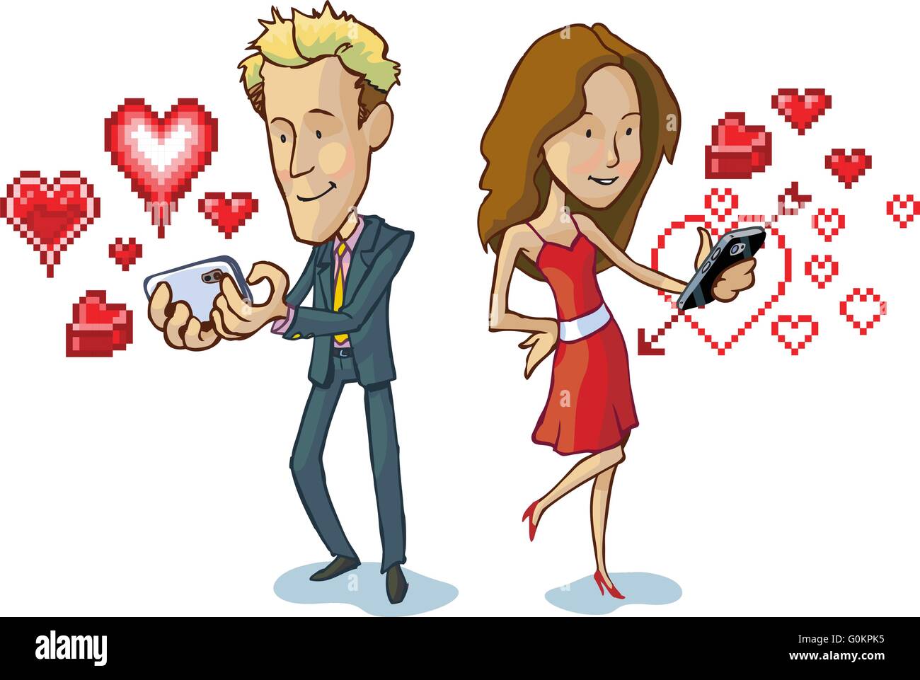 Vector cartoon illustration of a man and woman texting each other love ... Vector cartoon illustration of a man and woman texting each other love ...