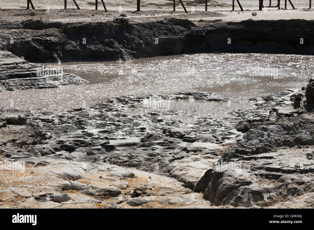 Bubbles & sulfurous fumes rise from mud pool / pools. Solfatara volcano ...