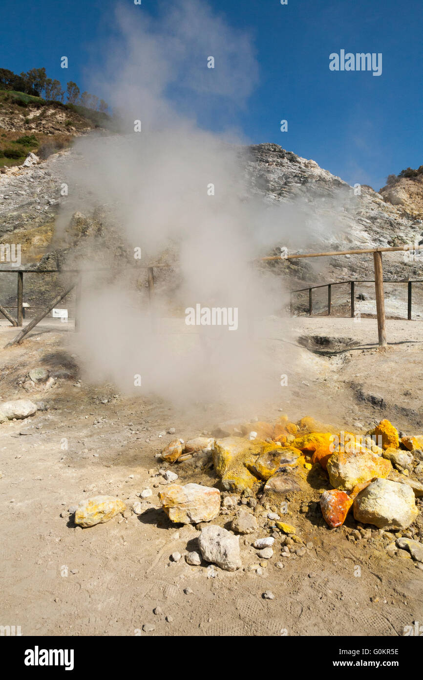 Solfatara volcano. Steam & sulfurous fumes rise from fumerole ...