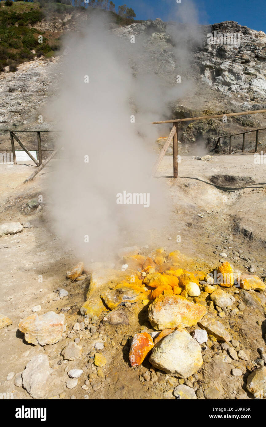 Solfatara volcano. Steam & sulfurous fumes rise from fumerole ...