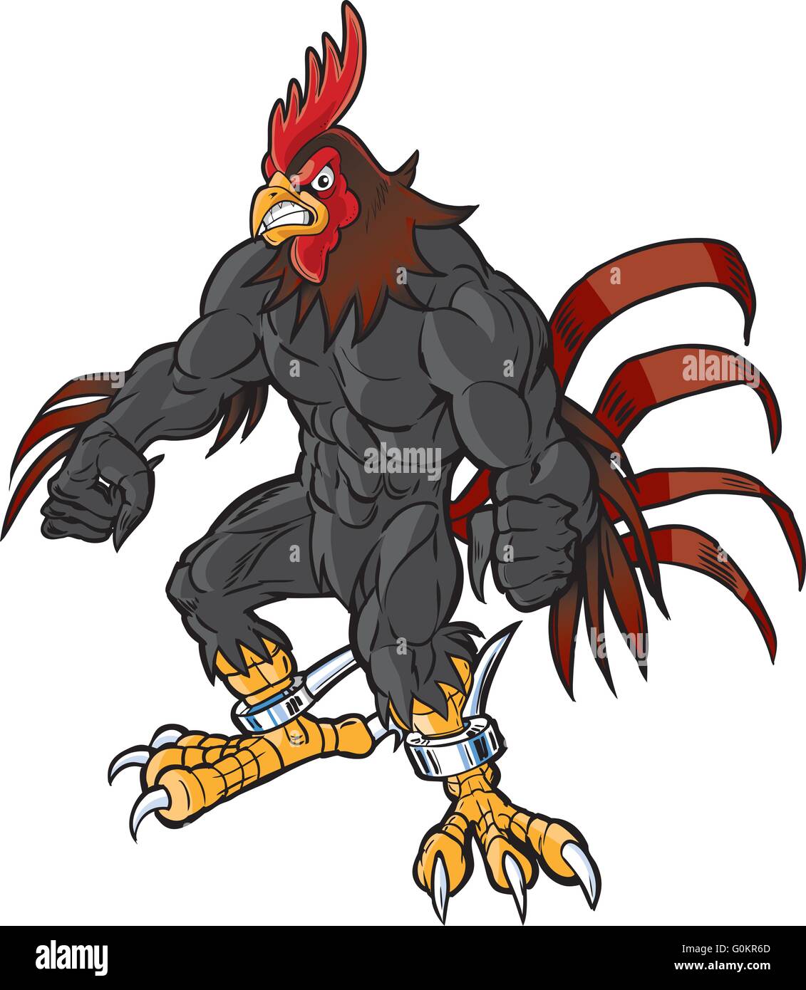 Vector cartoon clip art illustration of an angry muscular rooster or ...
