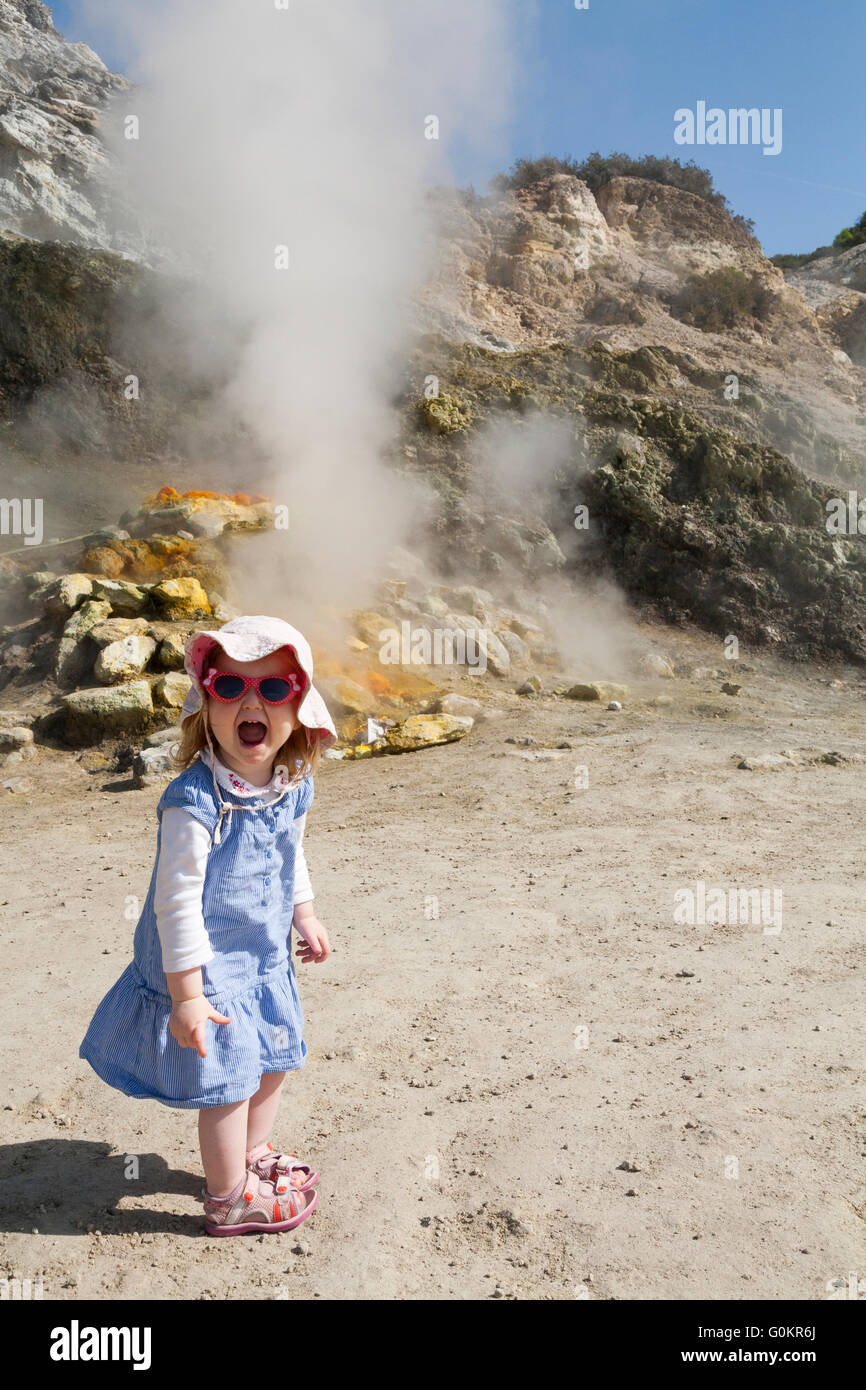 Tourist toddler / child / kid at Solfatara volcano steam & sulfurous ...