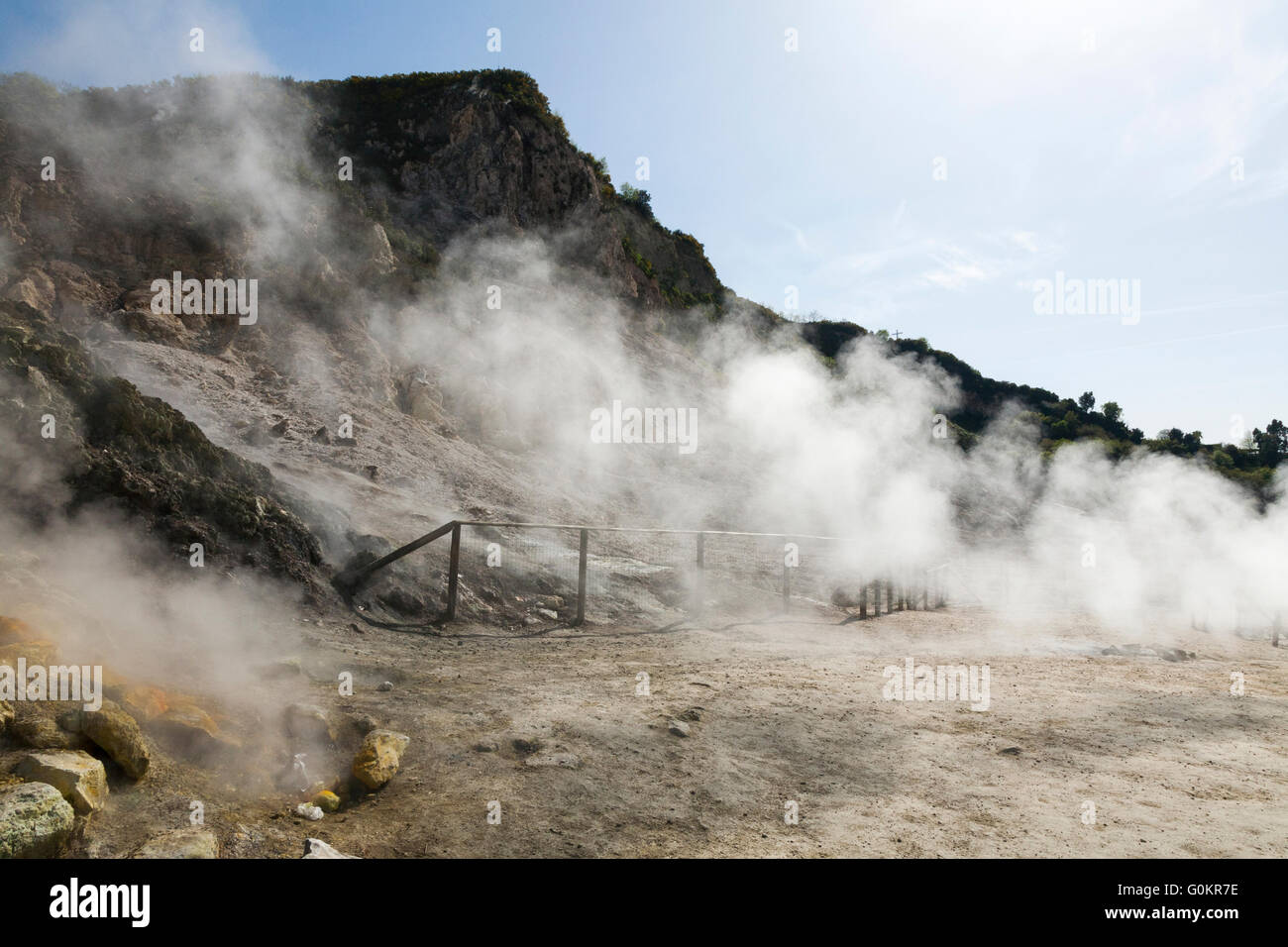 Solfatara volcano. Steam & sulfurous fumes rise from fumerole ...
