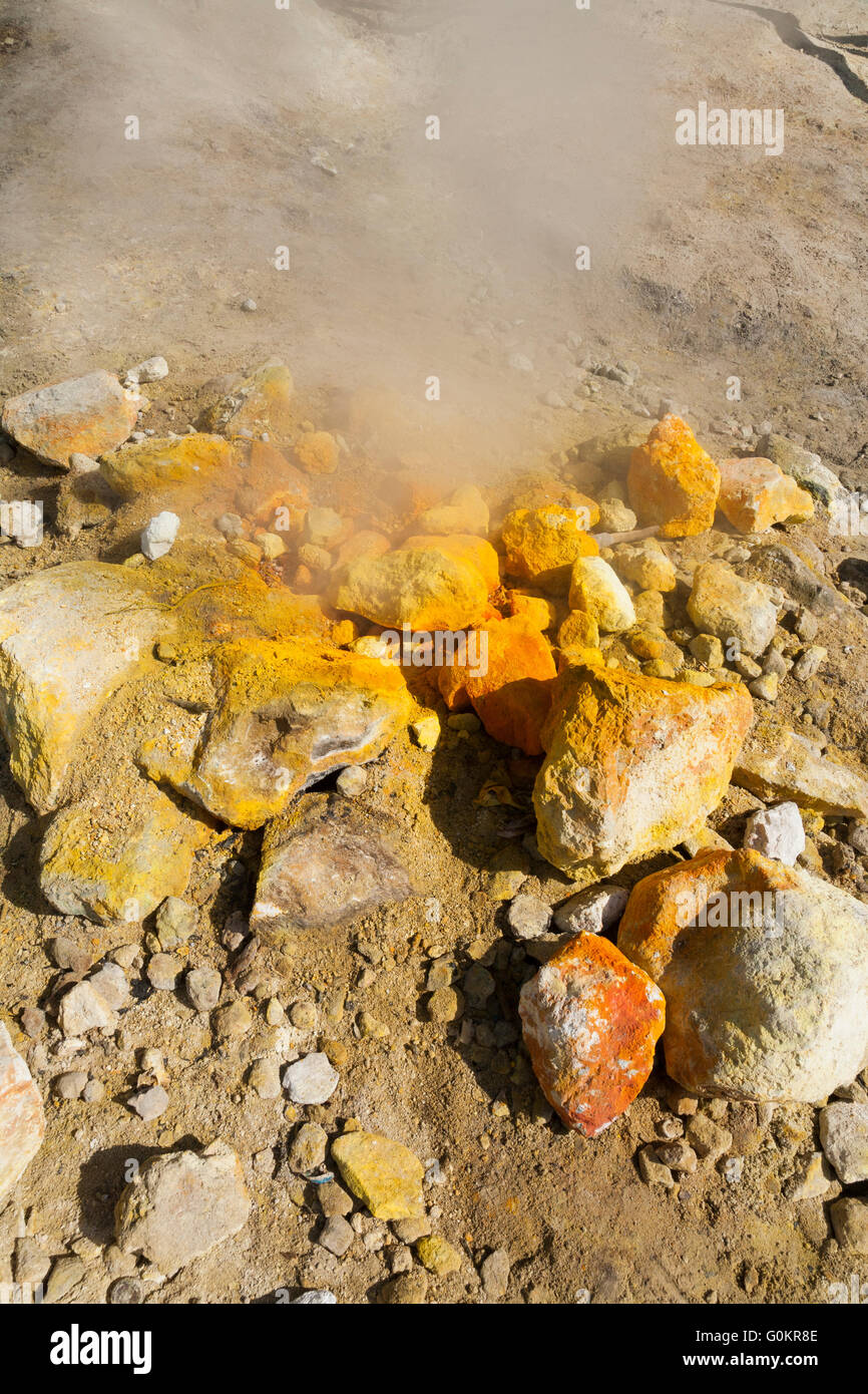 Solfatara volcano. Steam & sulfurous fumes rise from fumerole ...