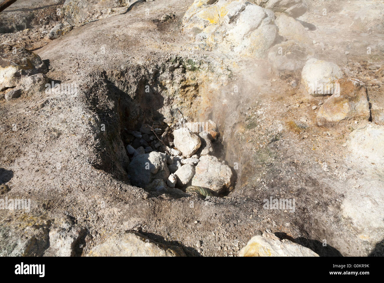 Solfatara volcano. Steam & sulfurous fumes rise from fumerole ...