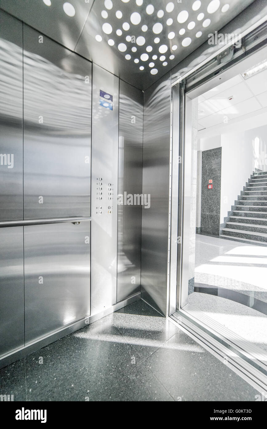 interior of a modern elevator - shiny steel and lighting Stock Photo ...