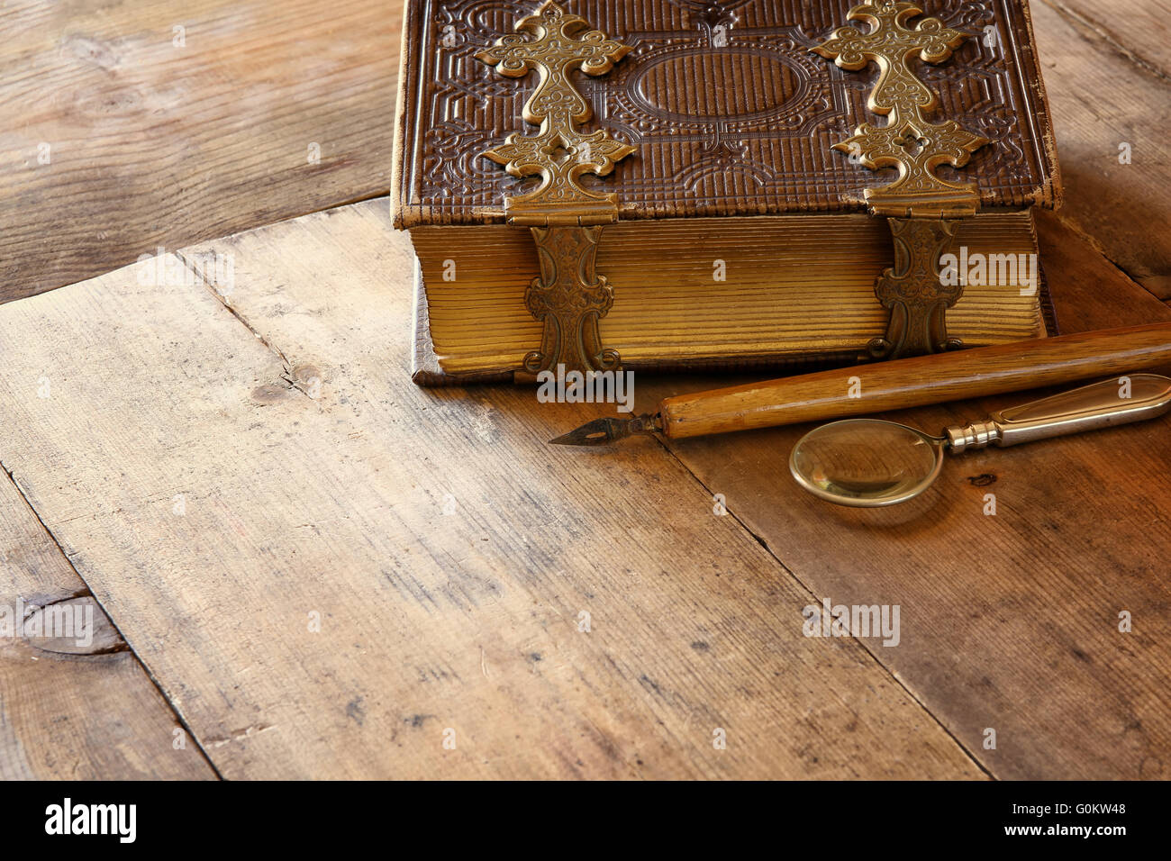 top view of antique book cover, with brass clasps. vintage filtered and ...