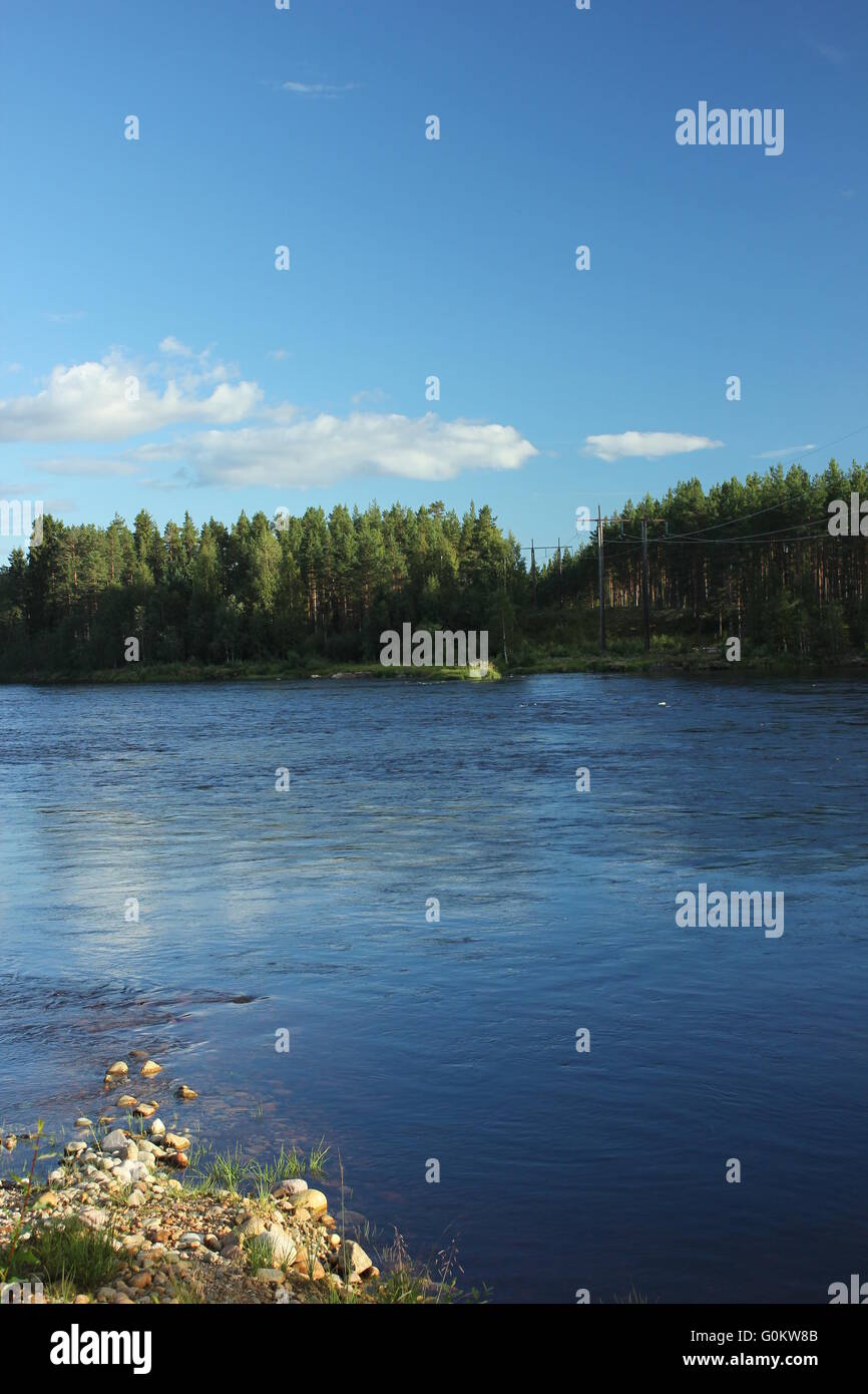 Power lines over a river in Värmland Stock Photo - Alamy