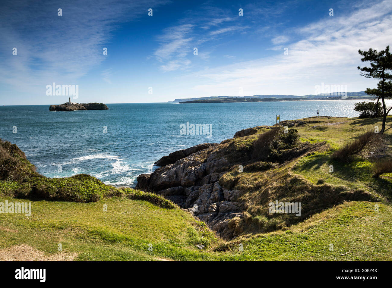 Mouro Island Lighthouse and Península de la Magdalena. Cantabrian Sea ...