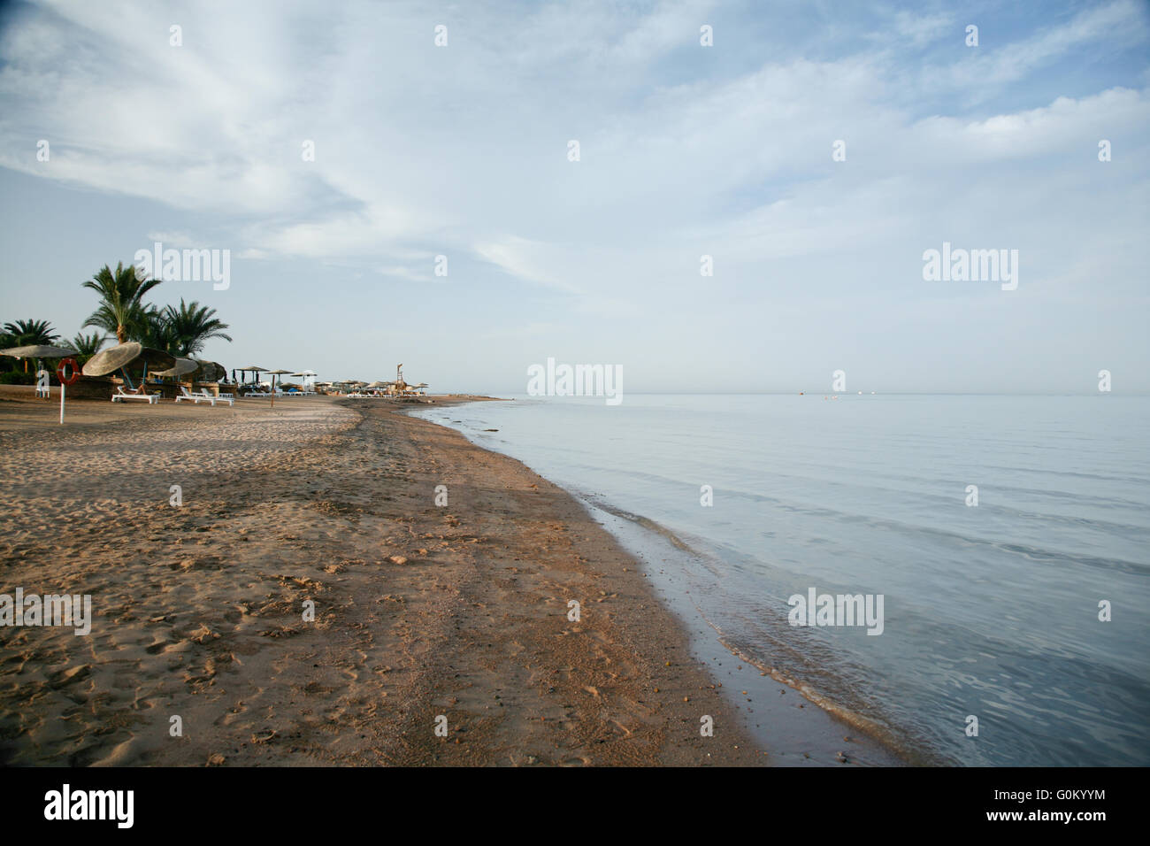 landscape shore of Egyptian sand beach in Red Sea seaside, blue ocean ...