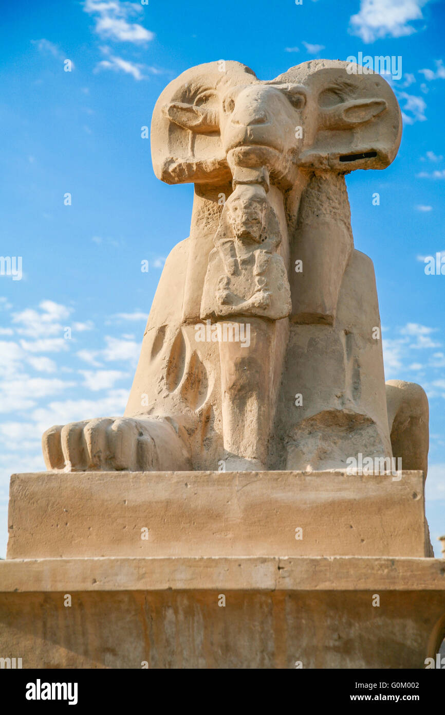 landmark of ram-headed Sphinx statue, symbol of god Amon, with pharaoh ...