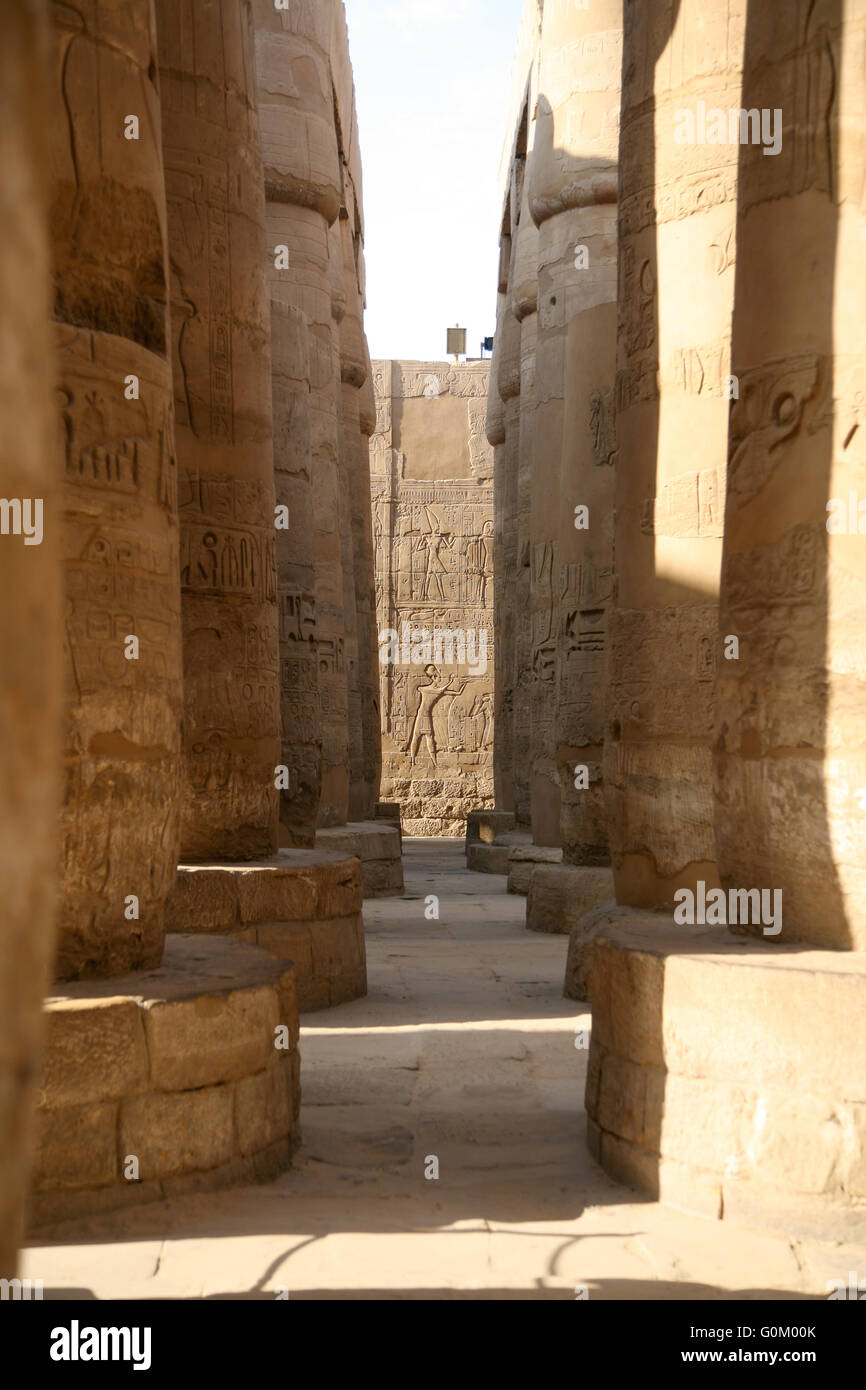 big stone columns and wall with carving figures and hieroglyphs in ...