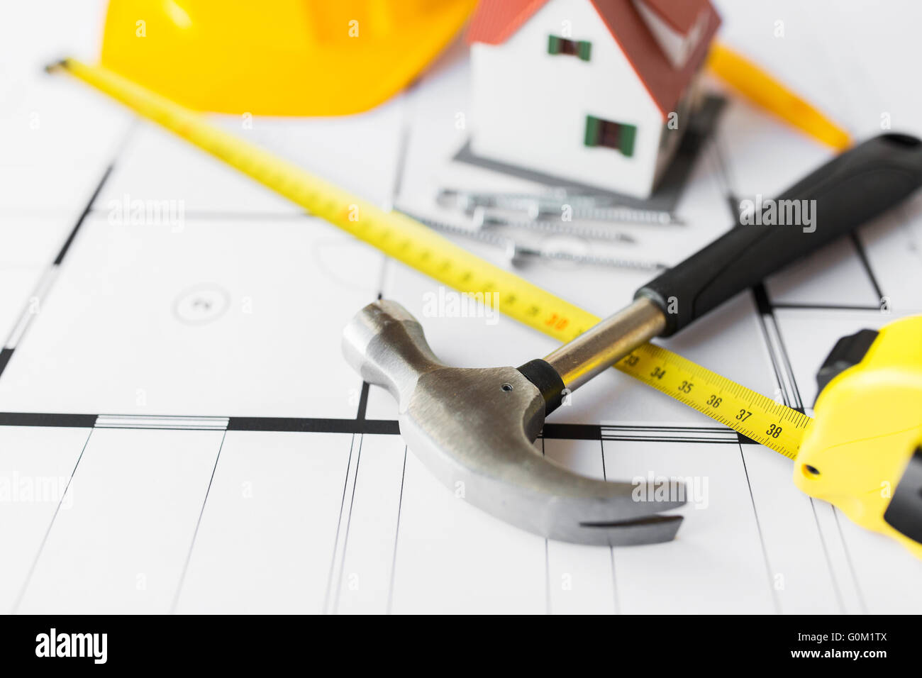 close up of house blueprint with building tools Stock Photo - Alamy