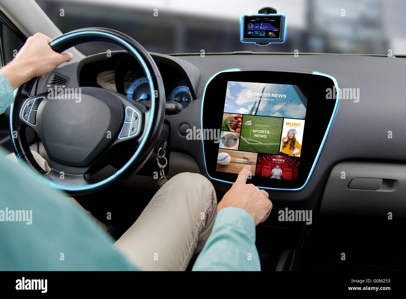 close up of man pointing to on-board computer menu Stock Photo - Alamy