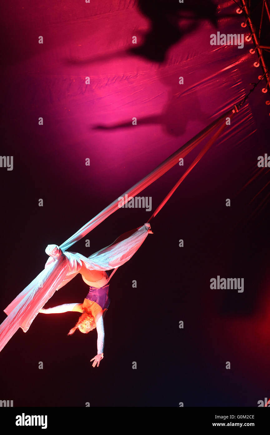 Circus act in a big top tent, Aerial ribbon dance acrobatic act Splits ...