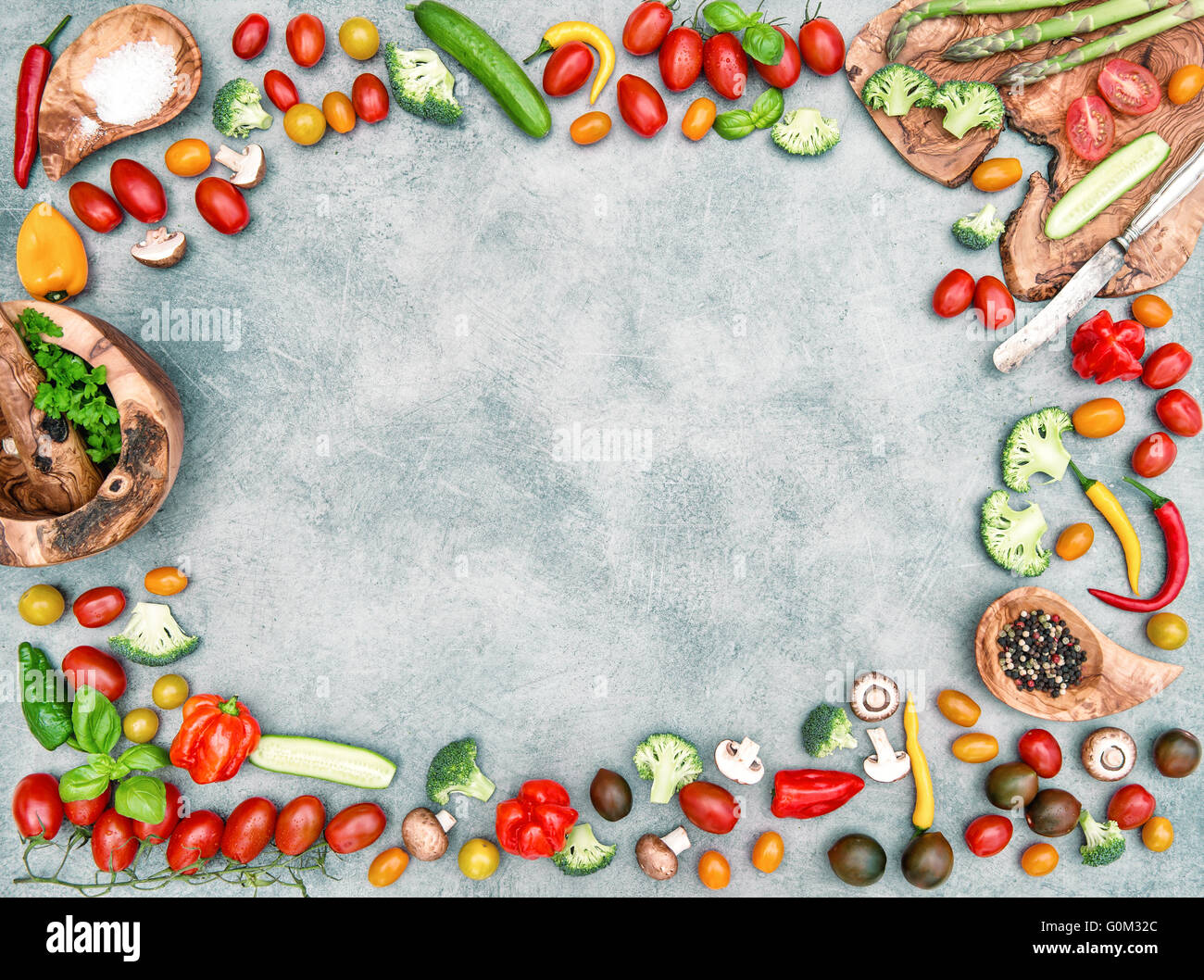 Fresh vegetables and spices. Food objects frame. Healthy nutrition ...