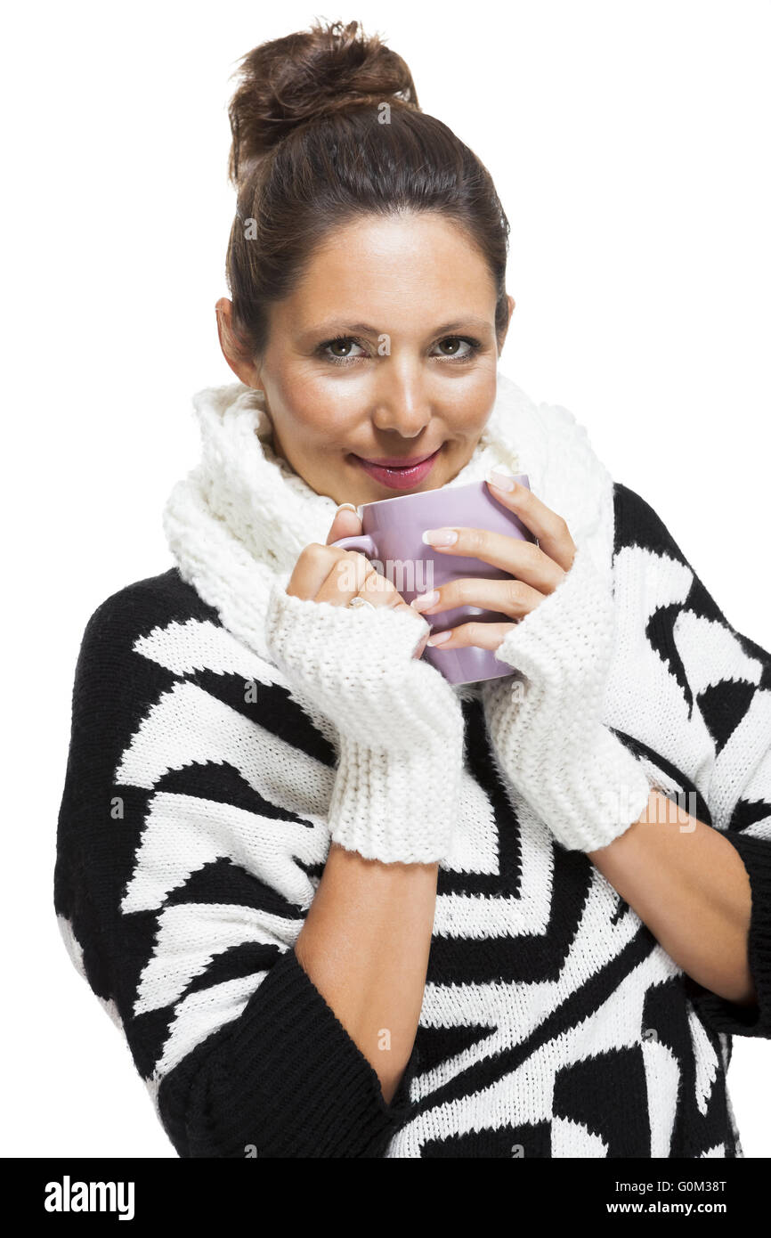Cold woman in an elegant black and white outfit Stock Photo - Alamy