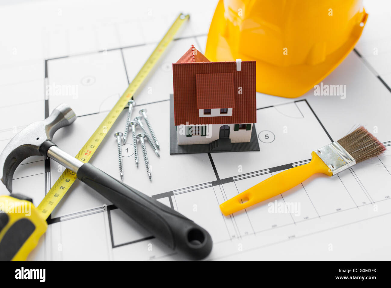 close up of house blueprint with building tools Stock Photo - Alamy