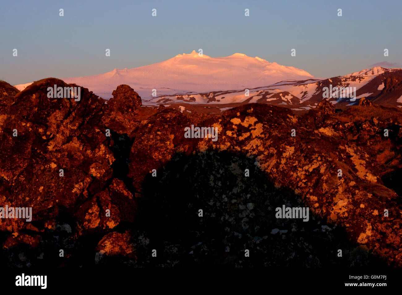 Sunset on Snaefell volcano, seen from NW, ICELAND Stock Photo - Alamy