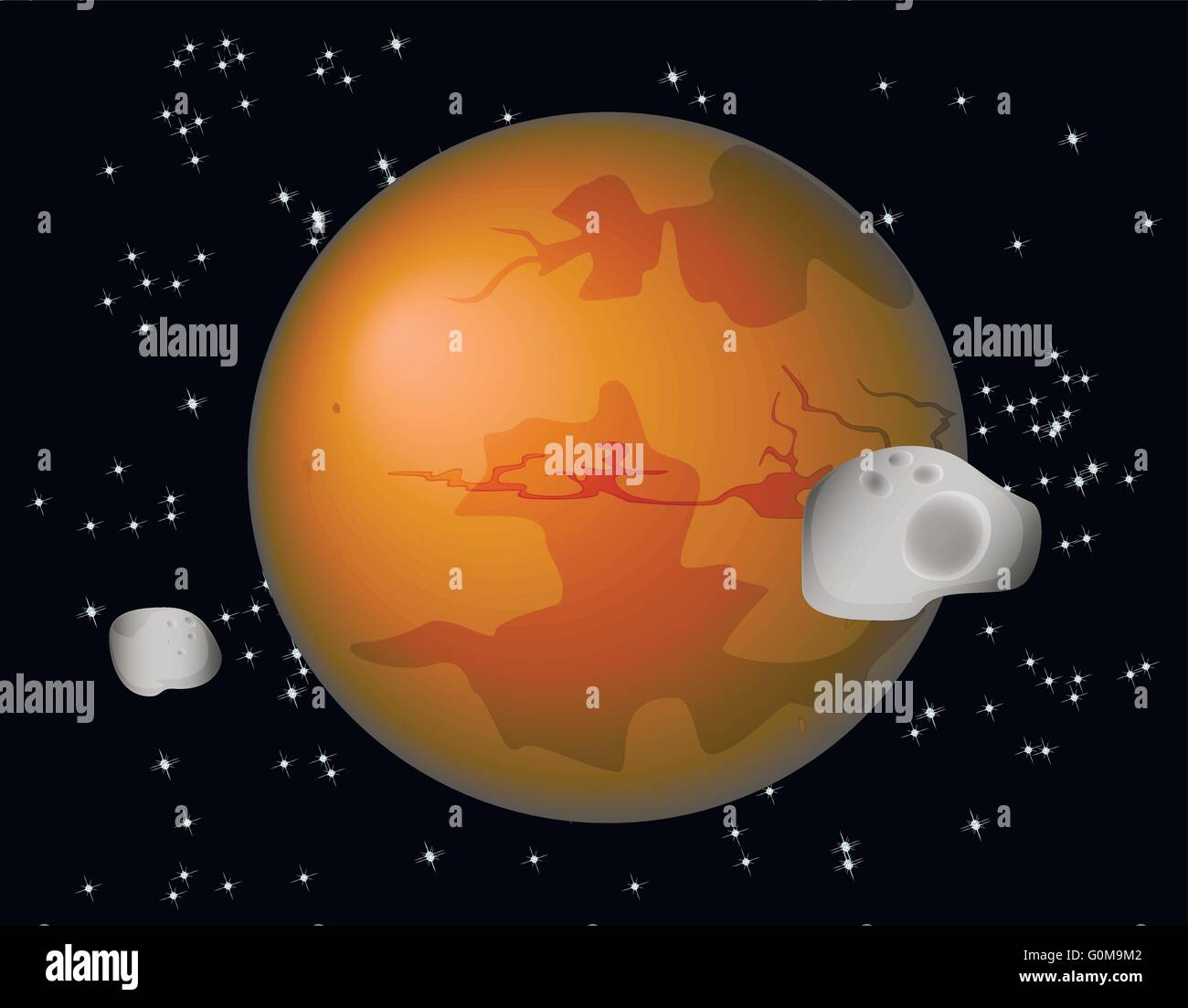 Abstract background with Mars Planet and its moons Phobos and Deimos ...
