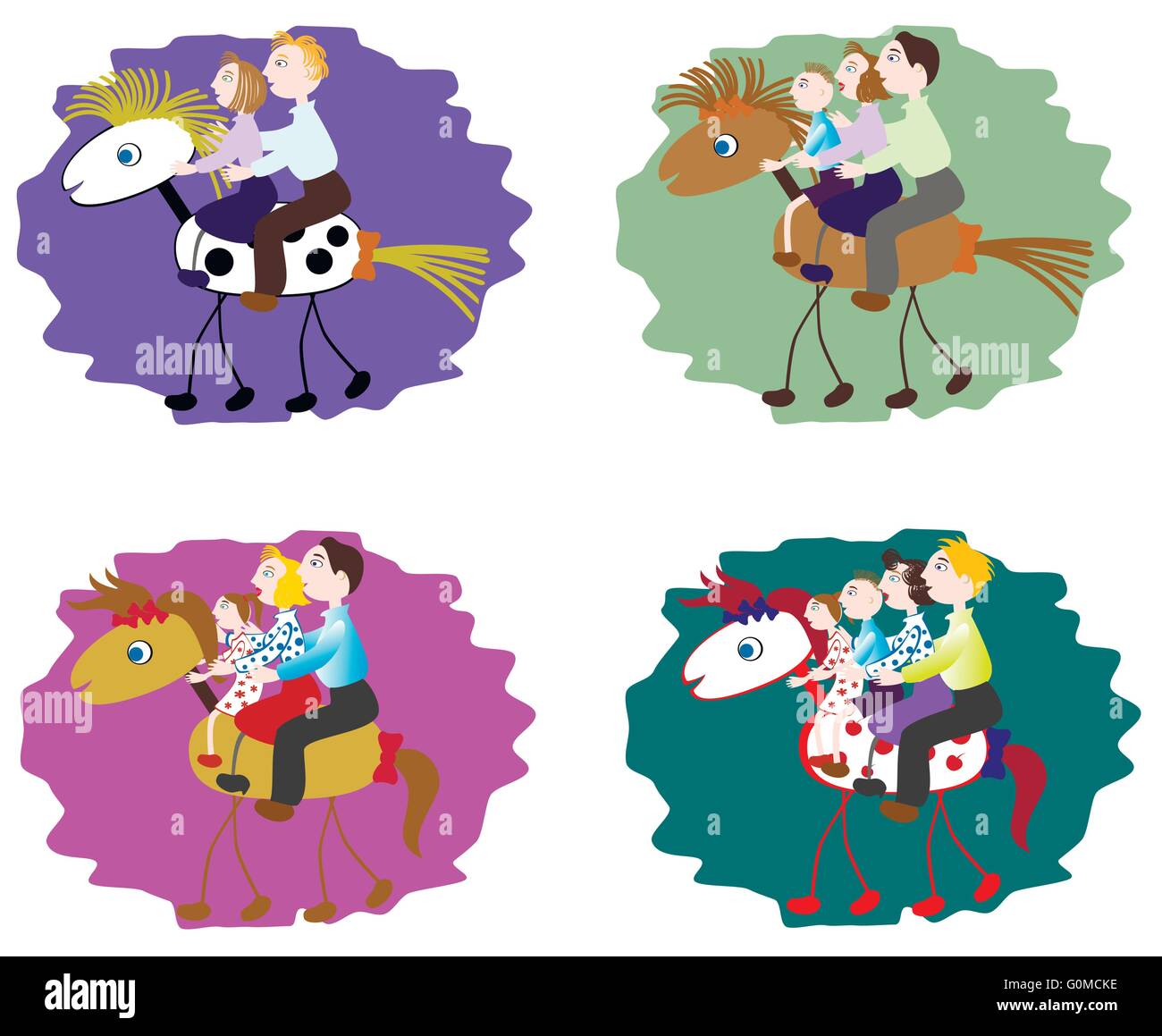Set of images of funny family - mother, father, children on horse ...