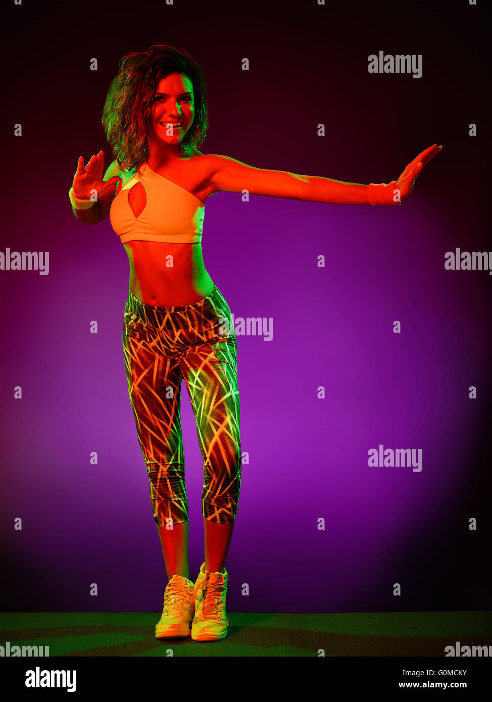 one caucasian woman zumba dancer dancing fitness exercises isolated on ...