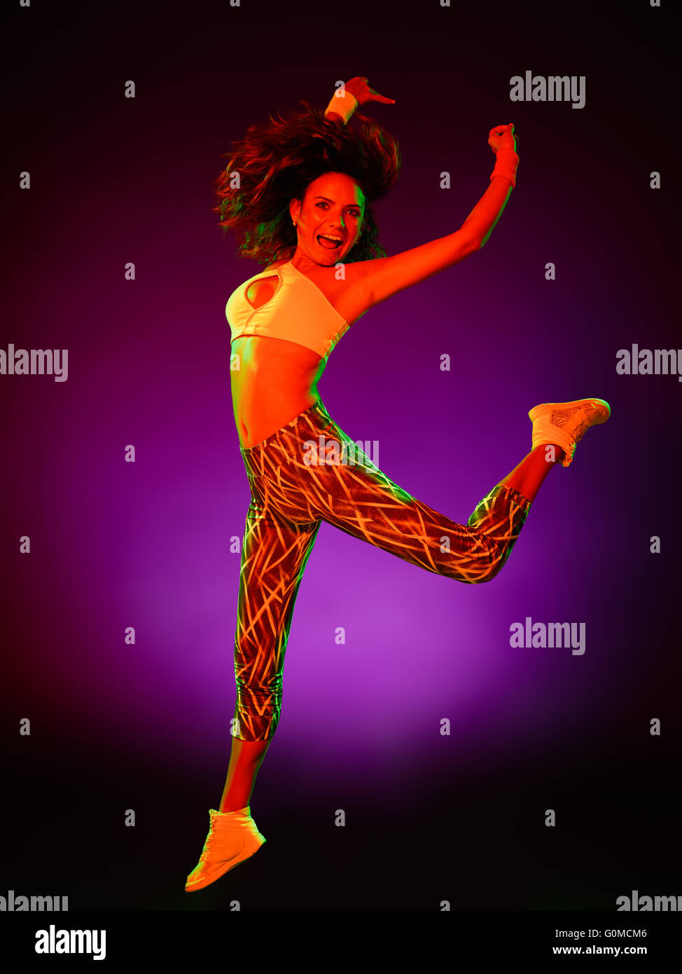 one caucasian woman zumba dancer dancing fitness exercises isolated on ...