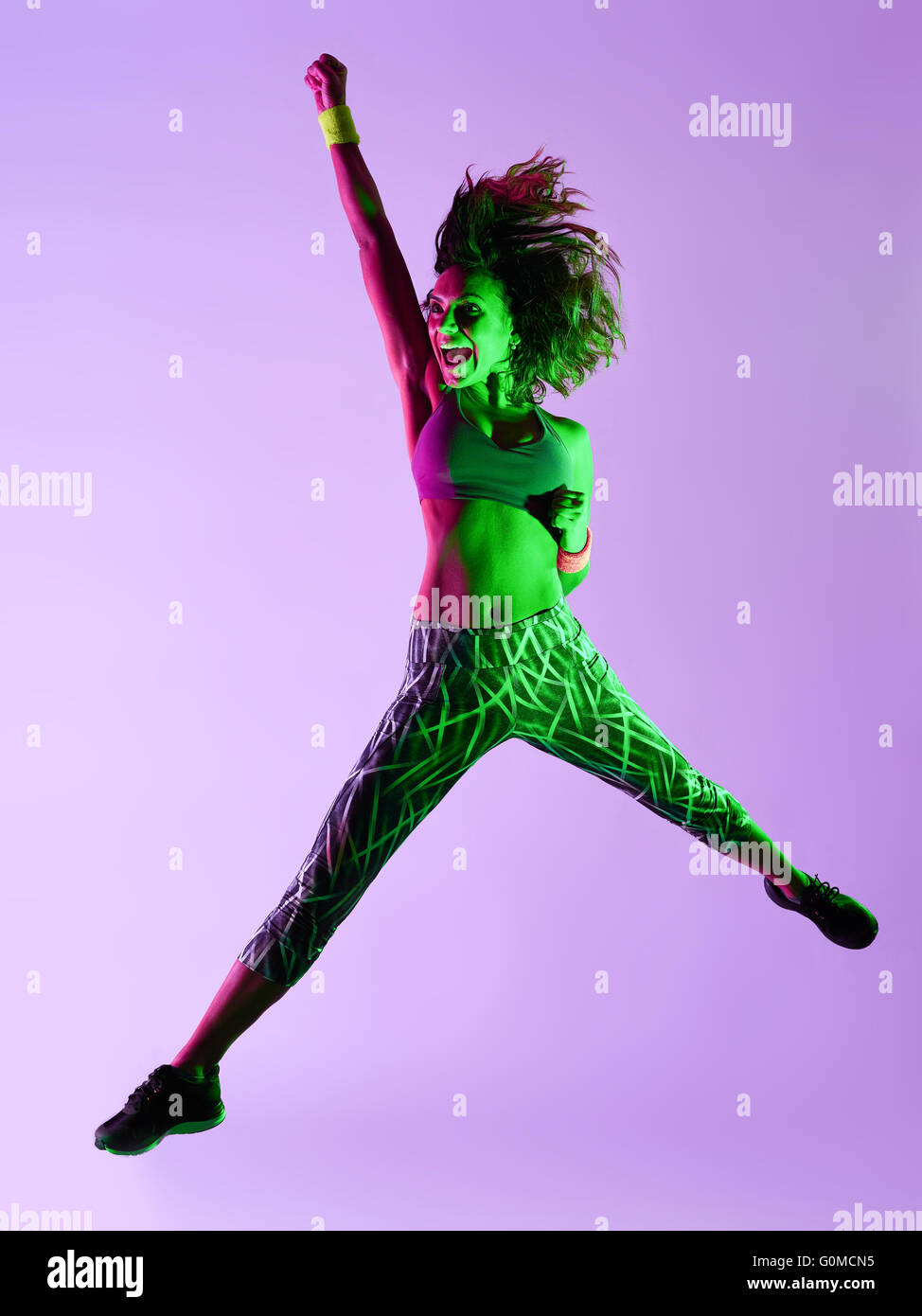 one caucasian woman zumba dancer dancing fitness exercises isolated on ...