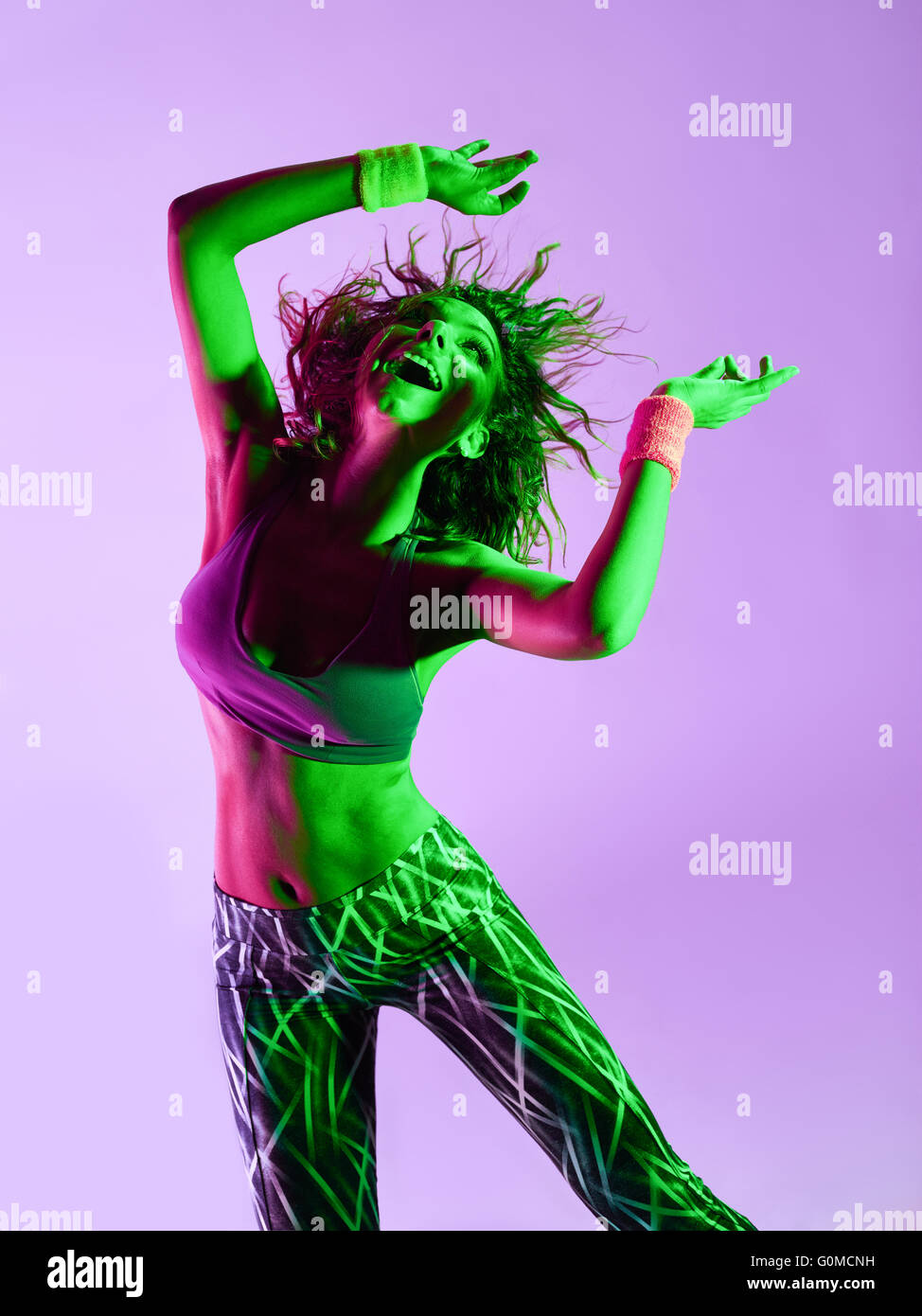 one caucasian woman zumba dancer dancing fitness exercises isolated on ...