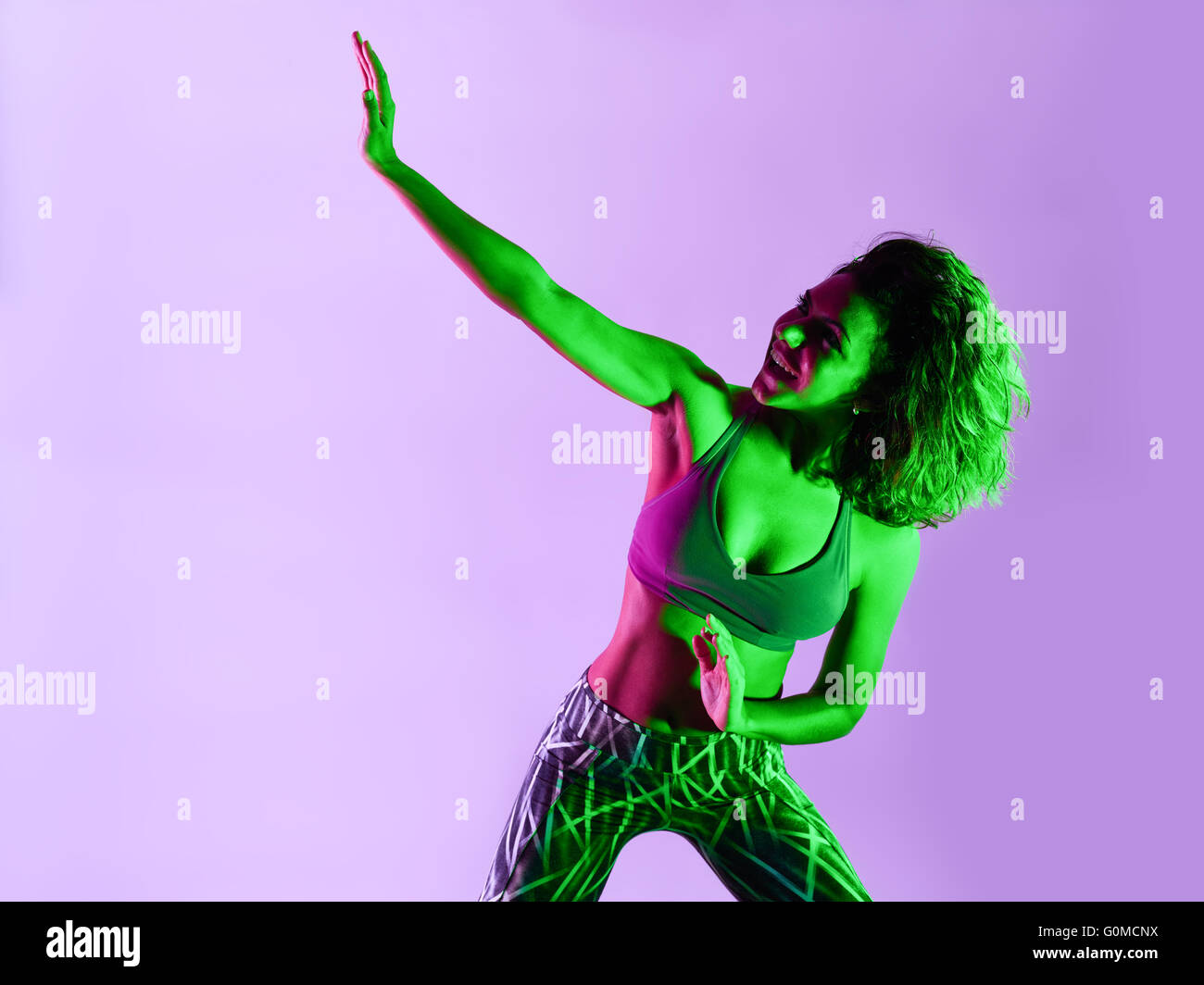 one caucasian woman zumba dancer dancing fitness exercises isolated on ...