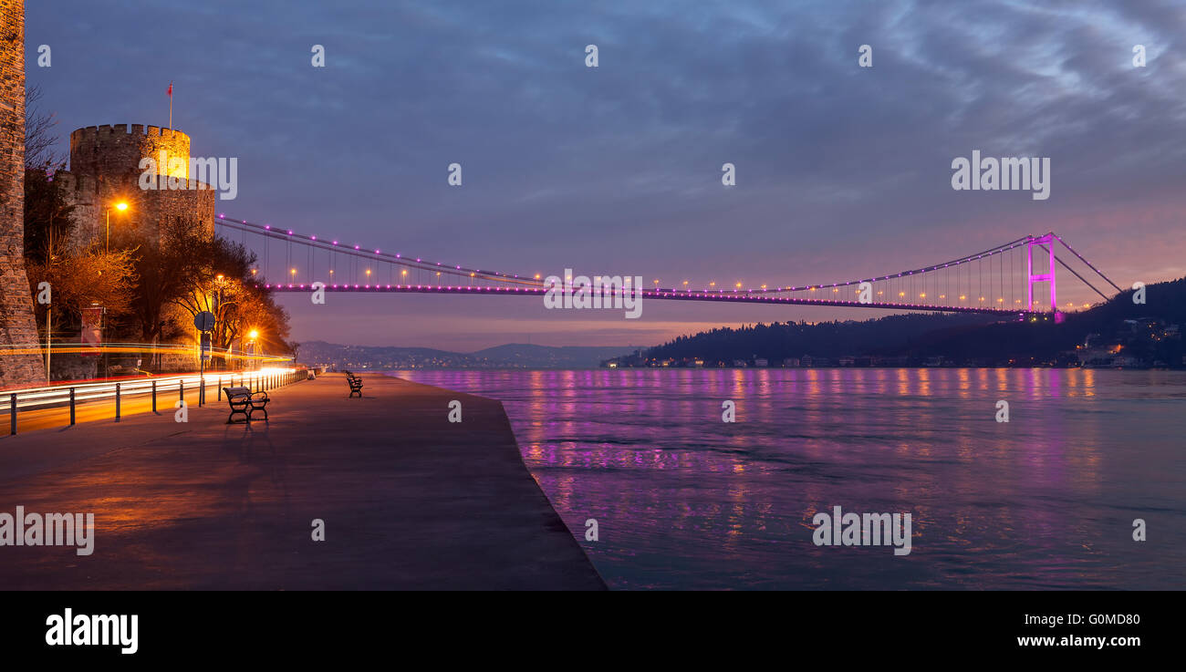 Rumeli Hisari (Rumeli Castle) and Fatih Sultan Mehmet Bridge at dawn ...