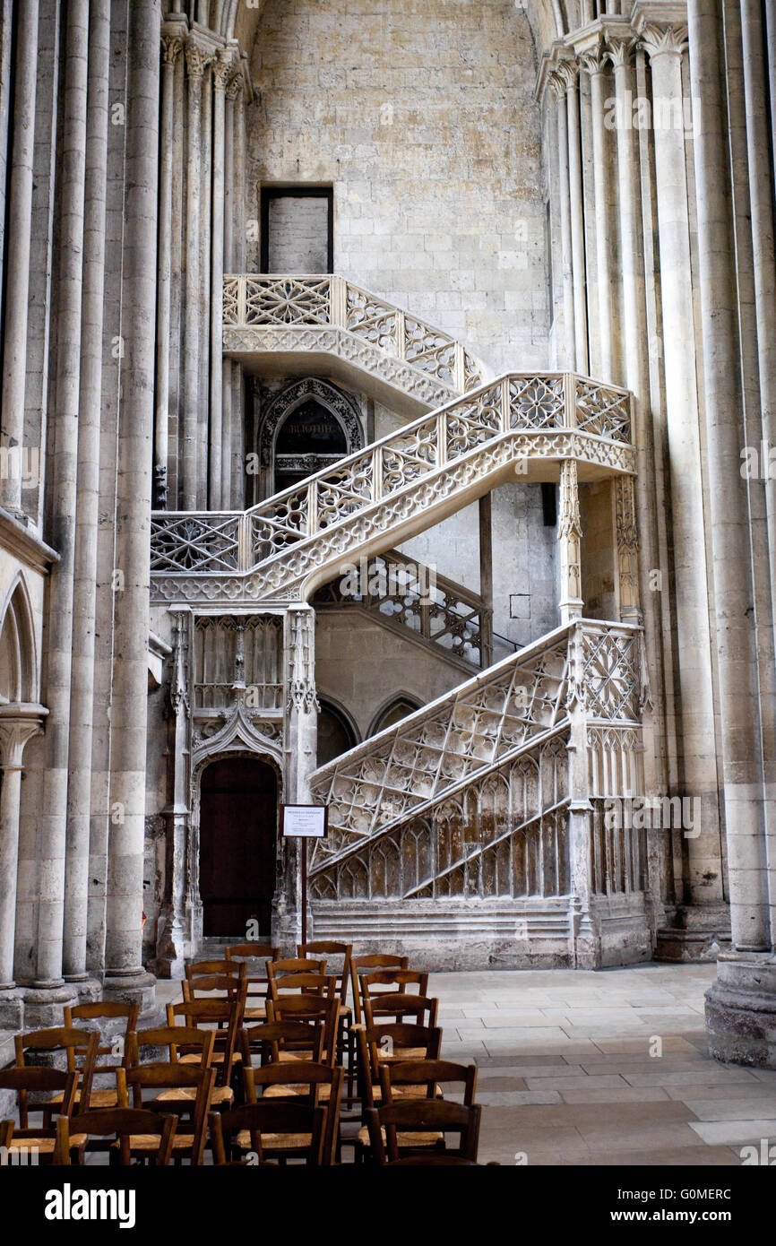 An ornate staircase in the medieval cathedral in Rouen in Normandy ...