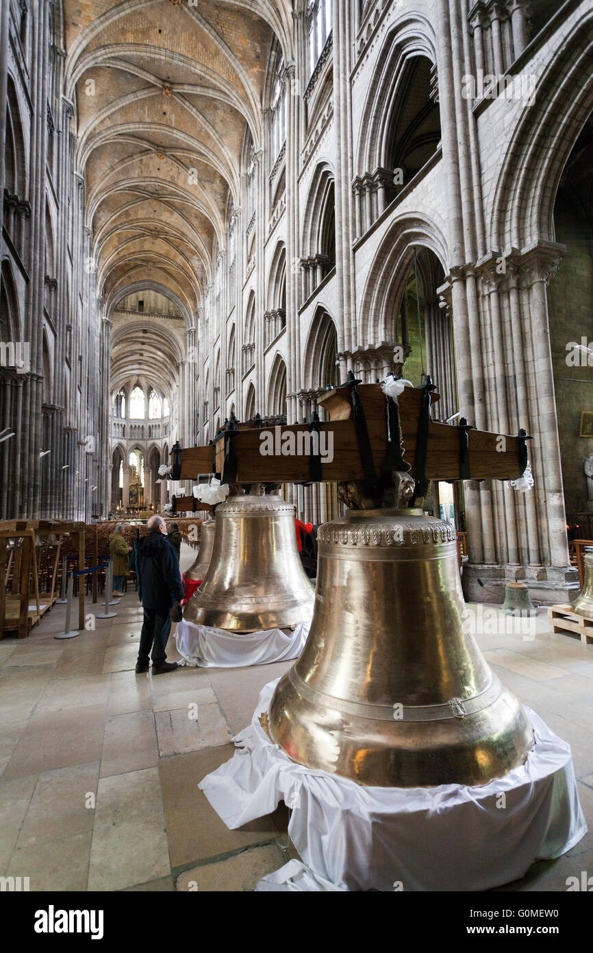 Restored bells on display in the medieval cathedral in Rouen in ...