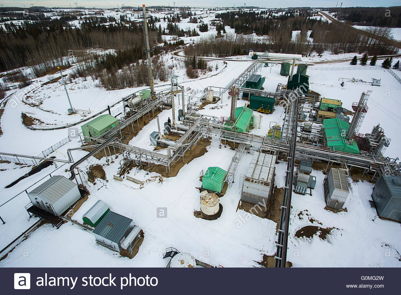 Aerial view of snowy remote natural gas plant Stock Photo - Alamy