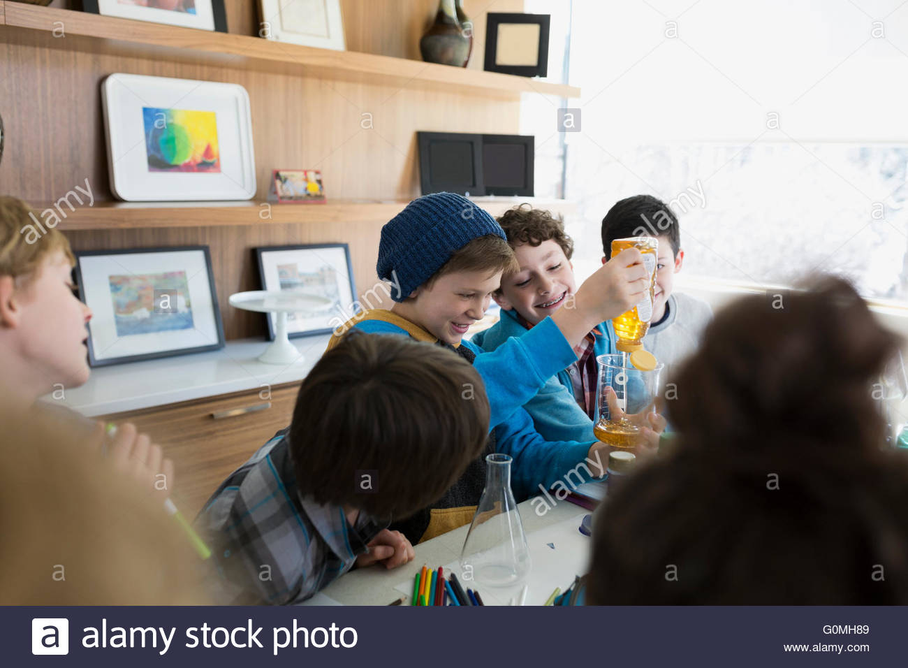 Boys conducting science experiment at dining table Stock Photo - Alamy