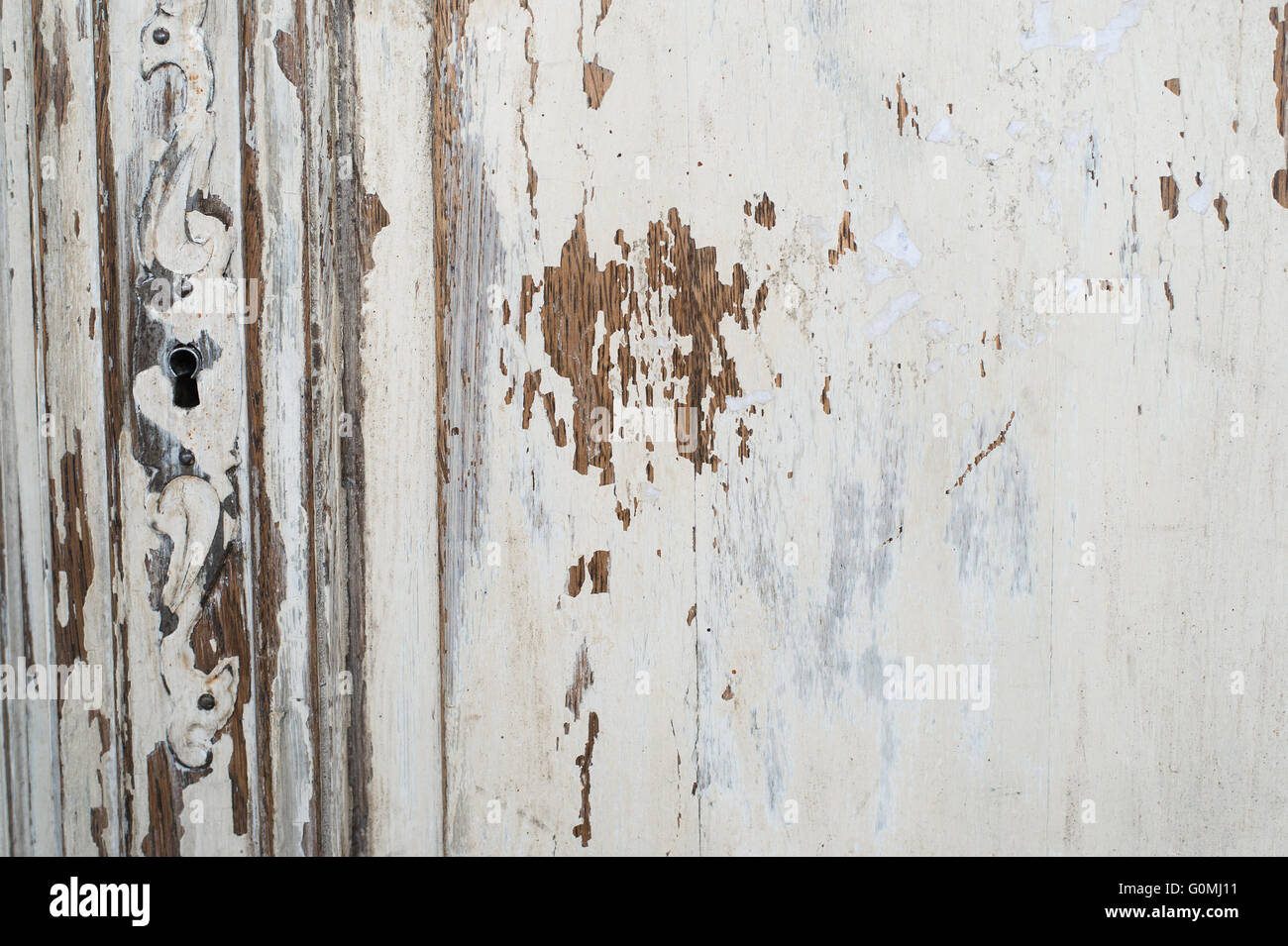 Close-up of keyhole ancient white commode bureau furniture with paint ...