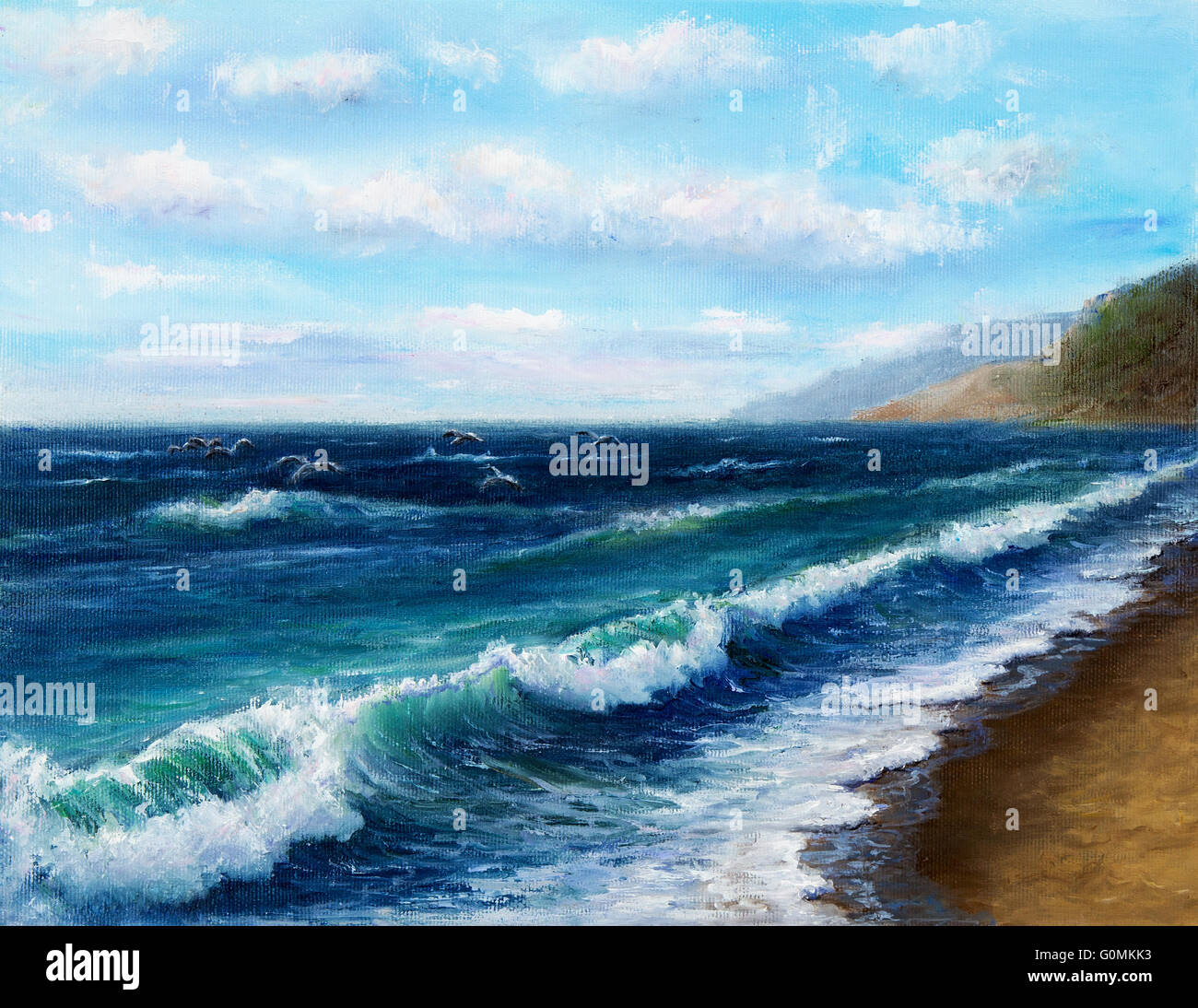 Original oil painting showing ocean or sea on canvas. Modern ...