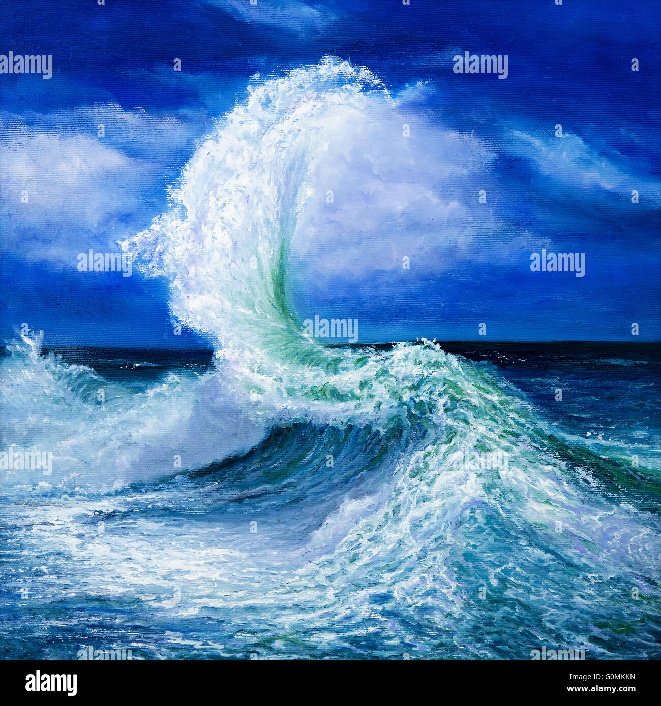 Original oil painting showing waves in ocean or sea on canvas. Modern ...